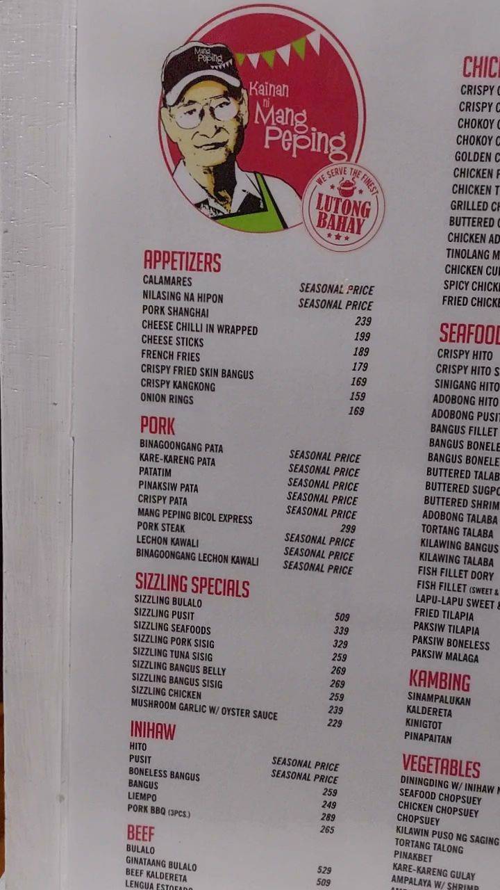 Menu at Kainan ni Mang Peping restaurant, Dagupan, 28JG+M7J