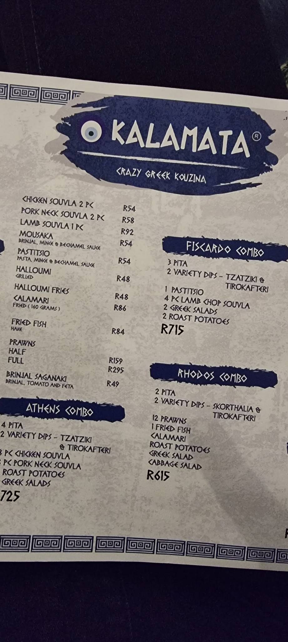 Menu at Kalamata Kouzina restaurant, Durban