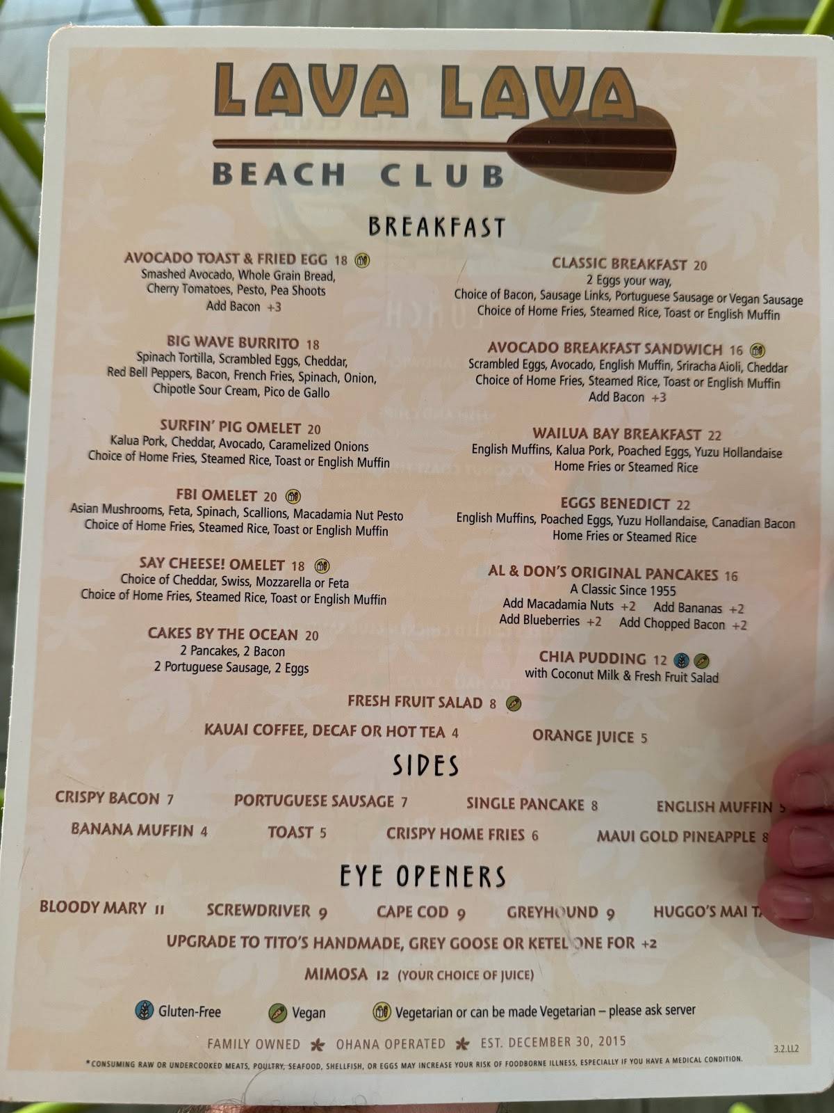 Menu at Lava Lava Beach Club, Kapaa