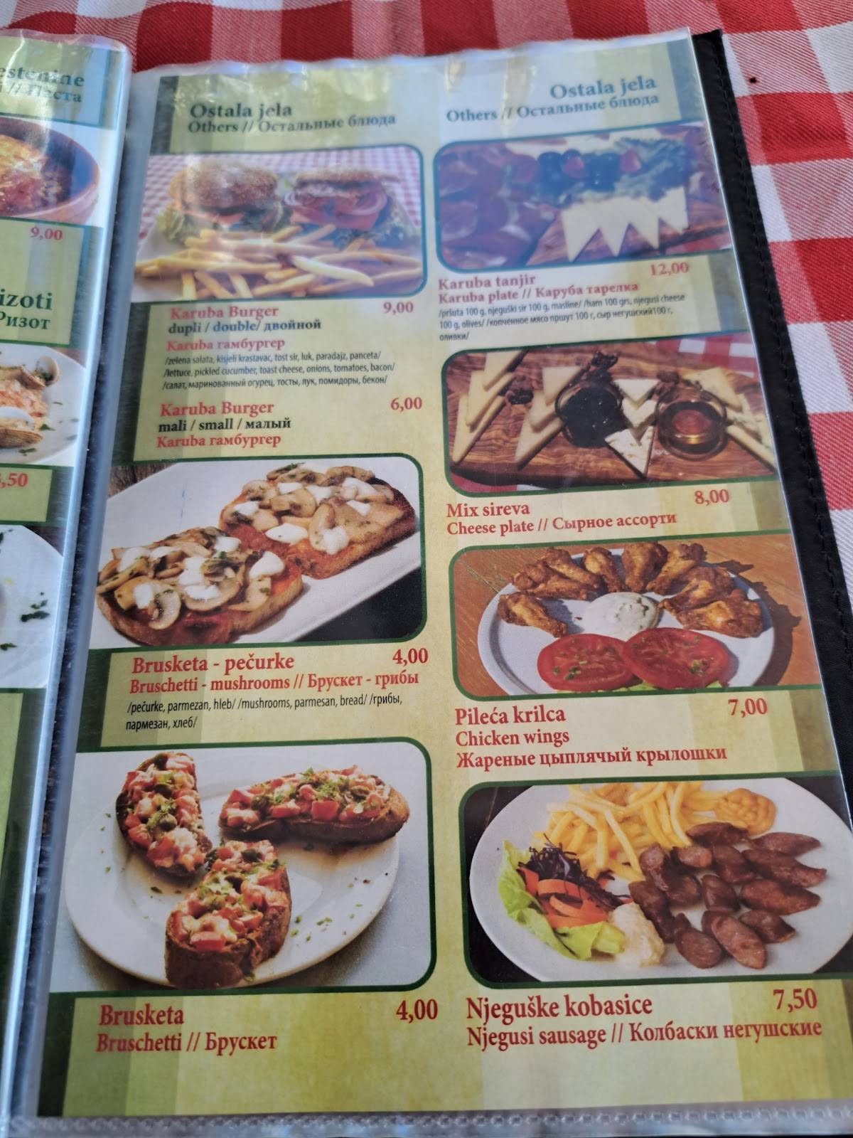 Menu at Karuba Sutomore restaurant, Sutomore, 43P3+X7C