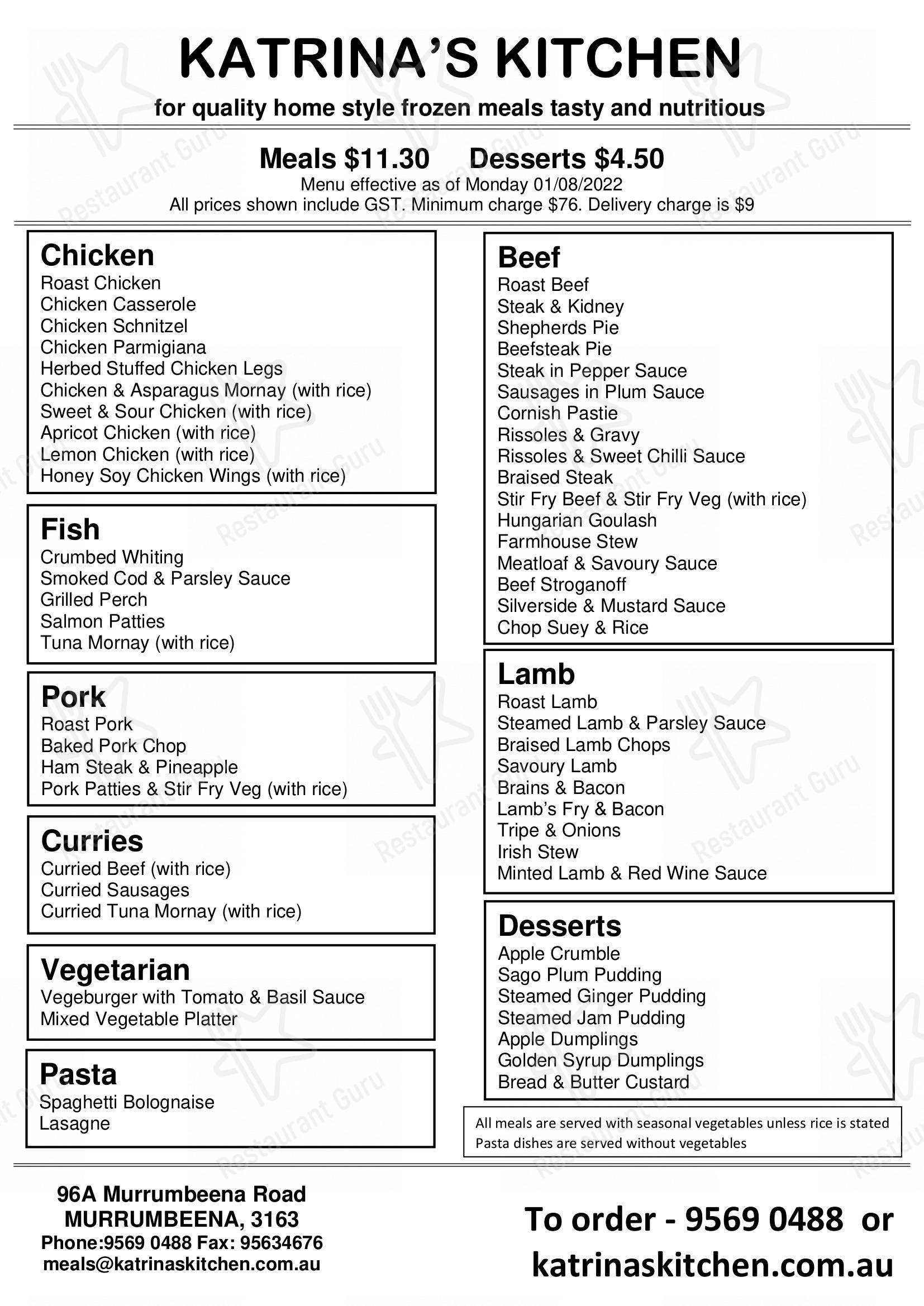 Menu at Katrina's Kitchen - Best frozen meals restaurant, Murrumbeena