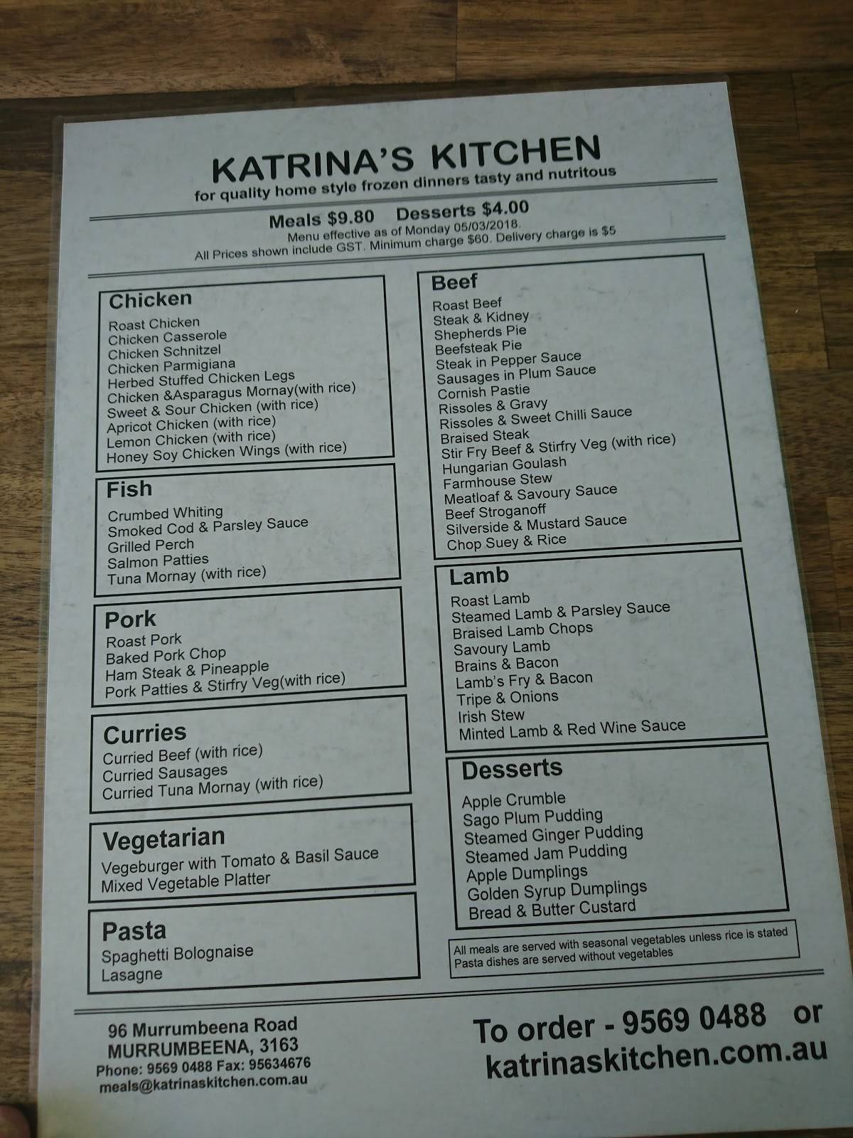 Menu at Katrina's Kitchen - Best frozen meals restaurant, Murrumbeena