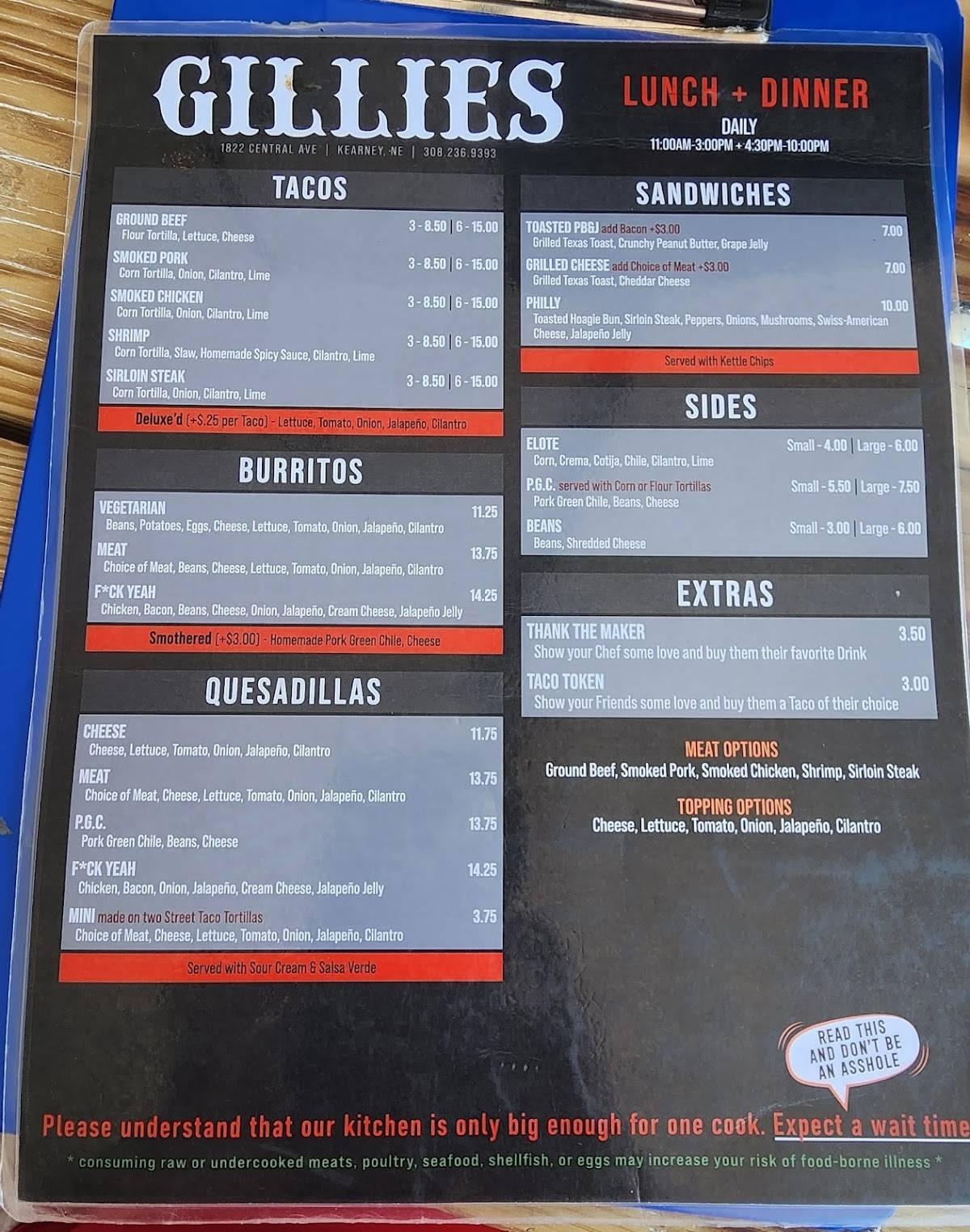 Menu at Gillies pub & bar, Kearney