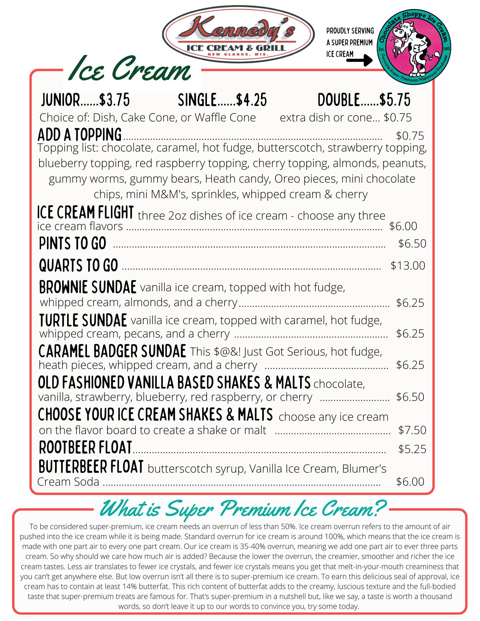 Menu at Kennedy's Ice Cream And Grill restaurant, New Glarus