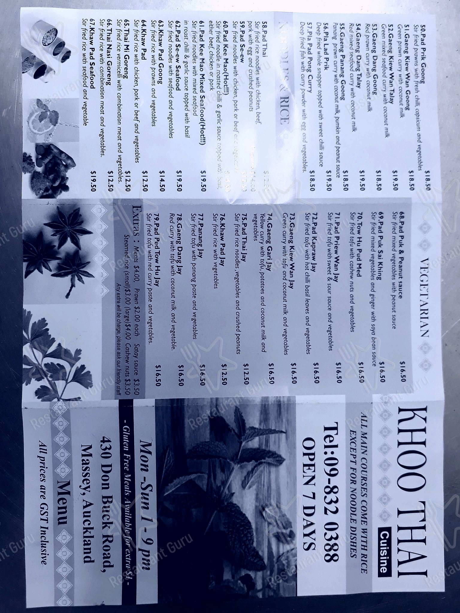Menu at Khoo Thai Takeaway fast food, Auckland