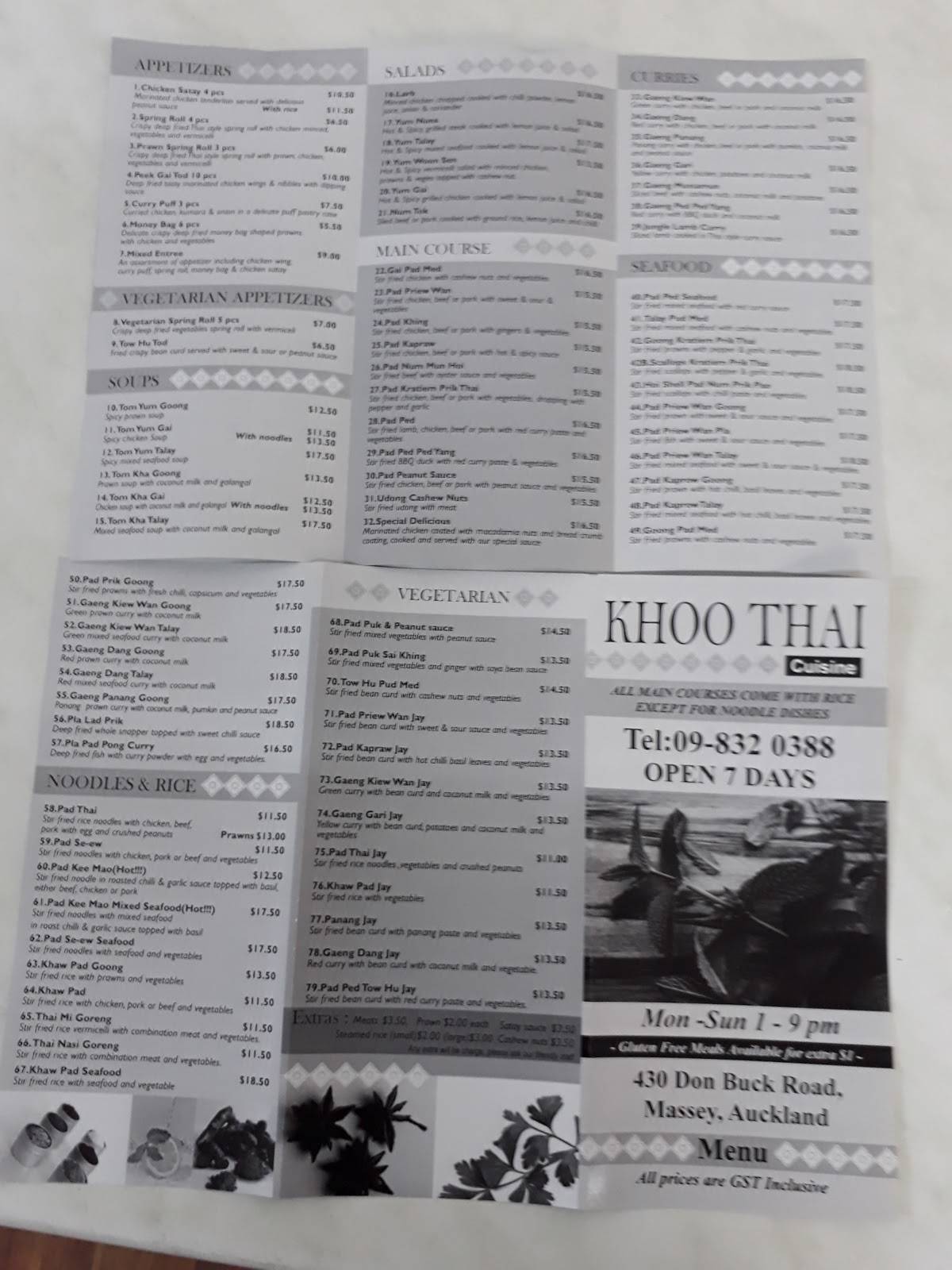 Menu at Khoo Thai Takeaway fast food, Auckland