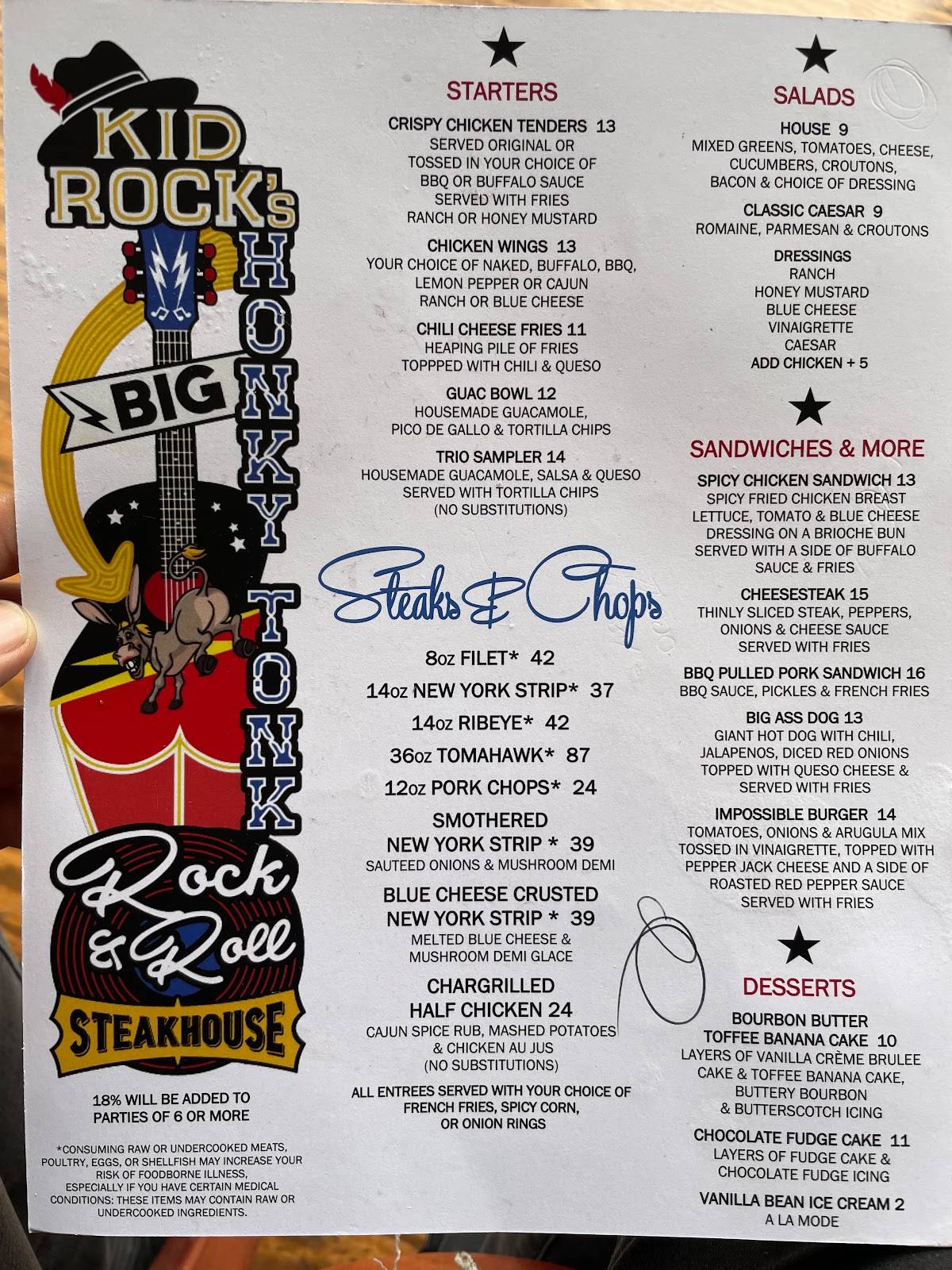 Menu at Kid Rock's Big Ass Honky Tonk Rock N' Roll Steakhouse, Nashville