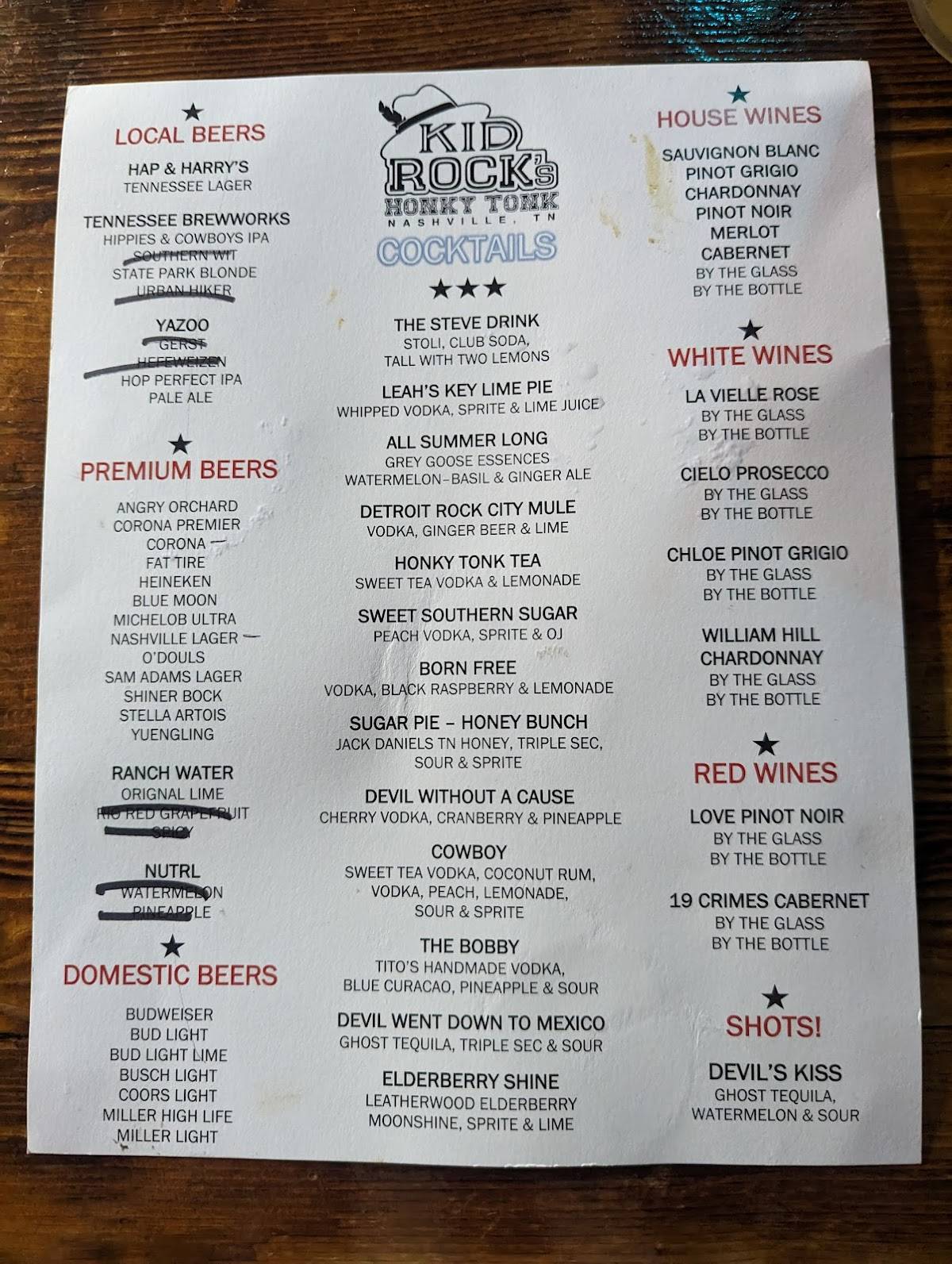 Menu at Kid Rock's Big Ass Honky Tonk Rock N' Roll Steakhouse, Nashville