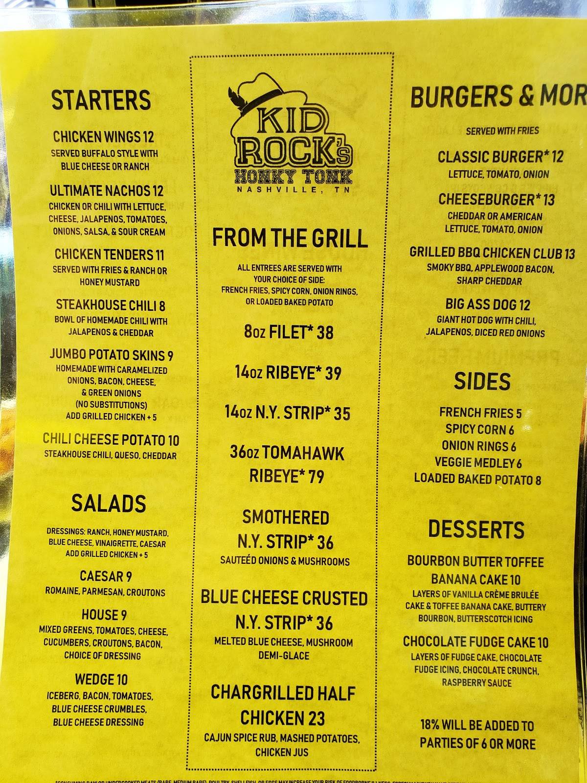 Menu at Kid Rock's Big Ass Honky Tonk Rock N' Roll Steakhouse, Nashville
