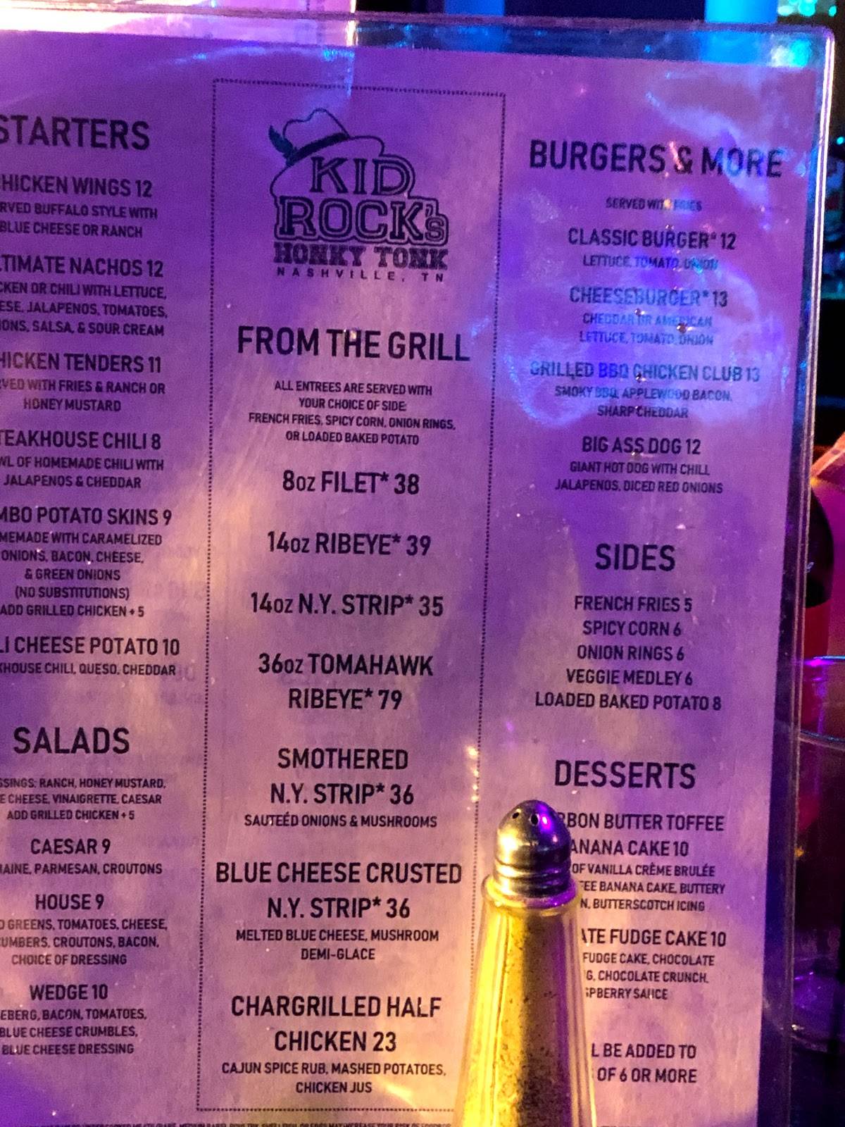 Menu at Kid Rock's Big Ass Honky Tonk Rock N' Roll Steakhouse, Nashville