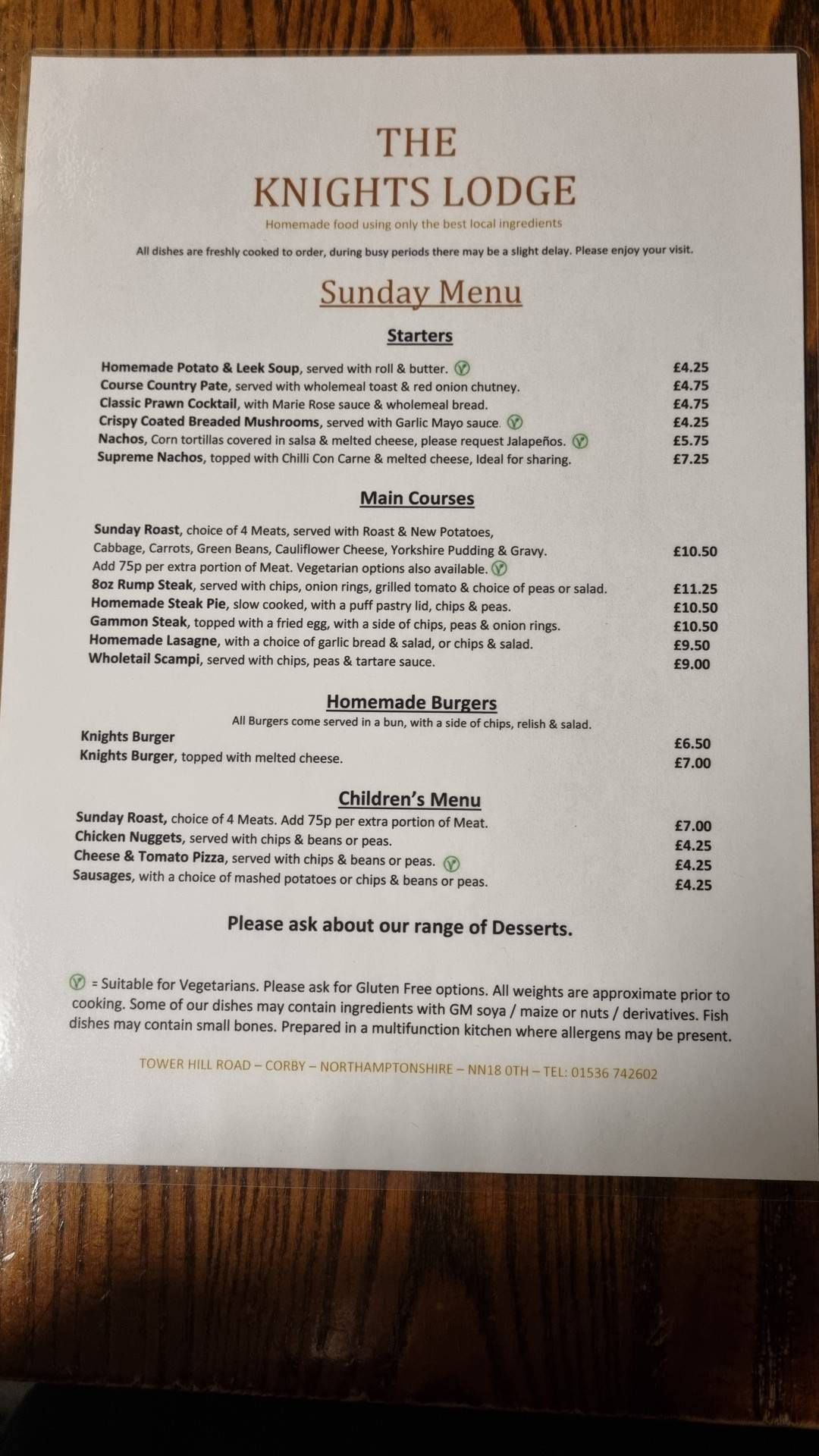 Menu at Knights Lodge pub & bar, Corby, 8 Tower Hill Rd