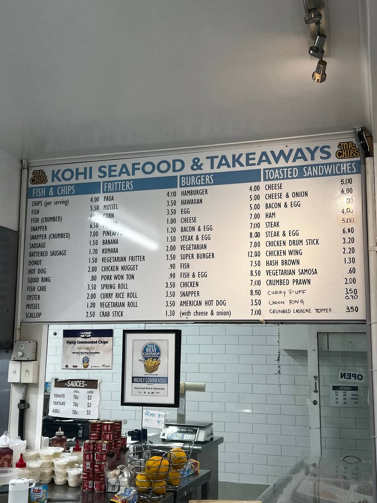 Menu at Kohi Fresh Fish & Takeaways fast food, Auckland