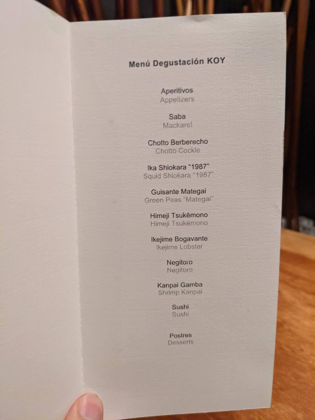 Carta del restaurante Koy Shunka, Barcelona