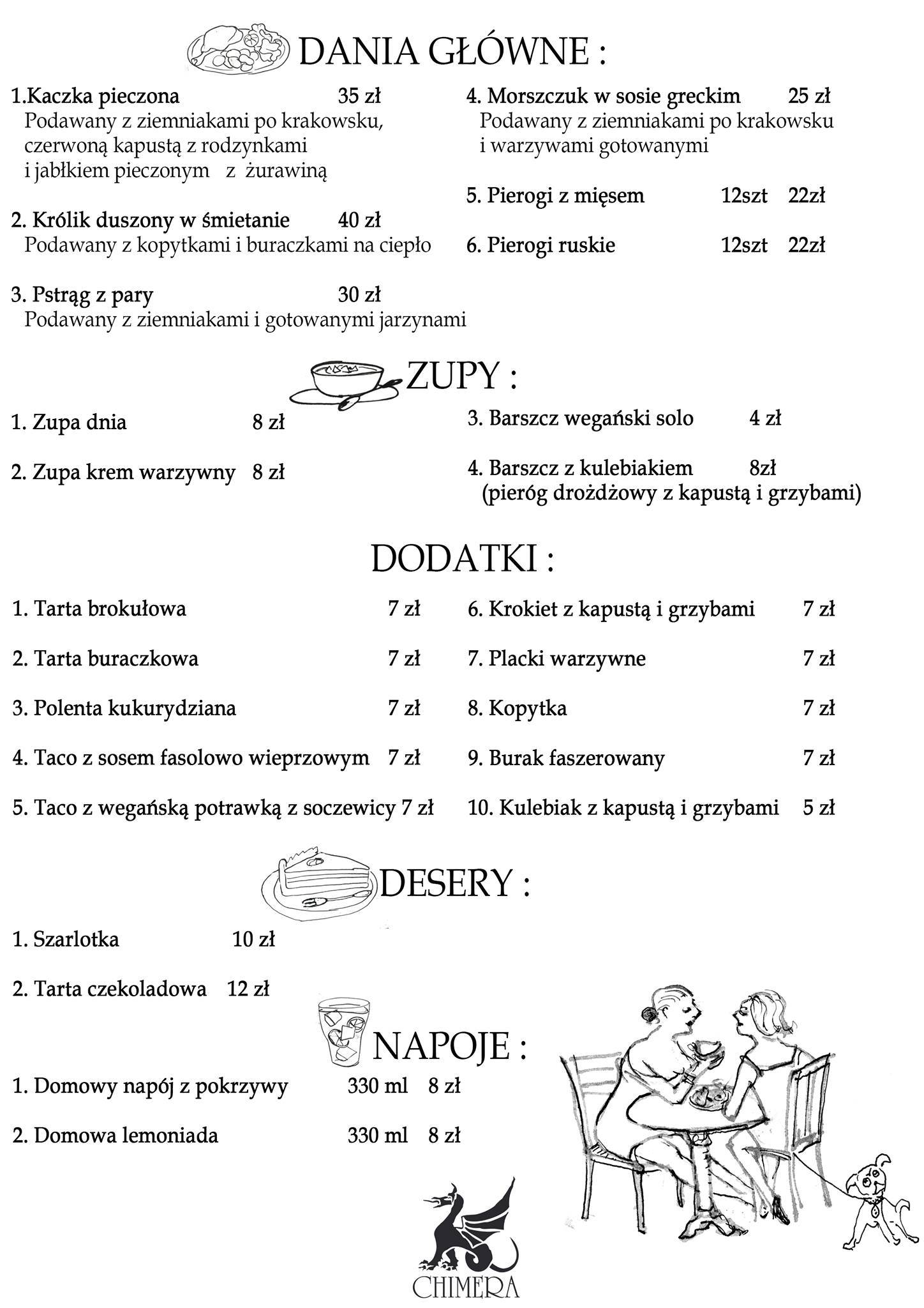 Menu at Chimera cafeteria, Kraków