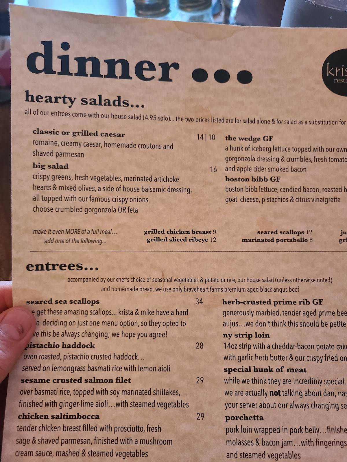 Menu at Krista's pub & bar, Cornish