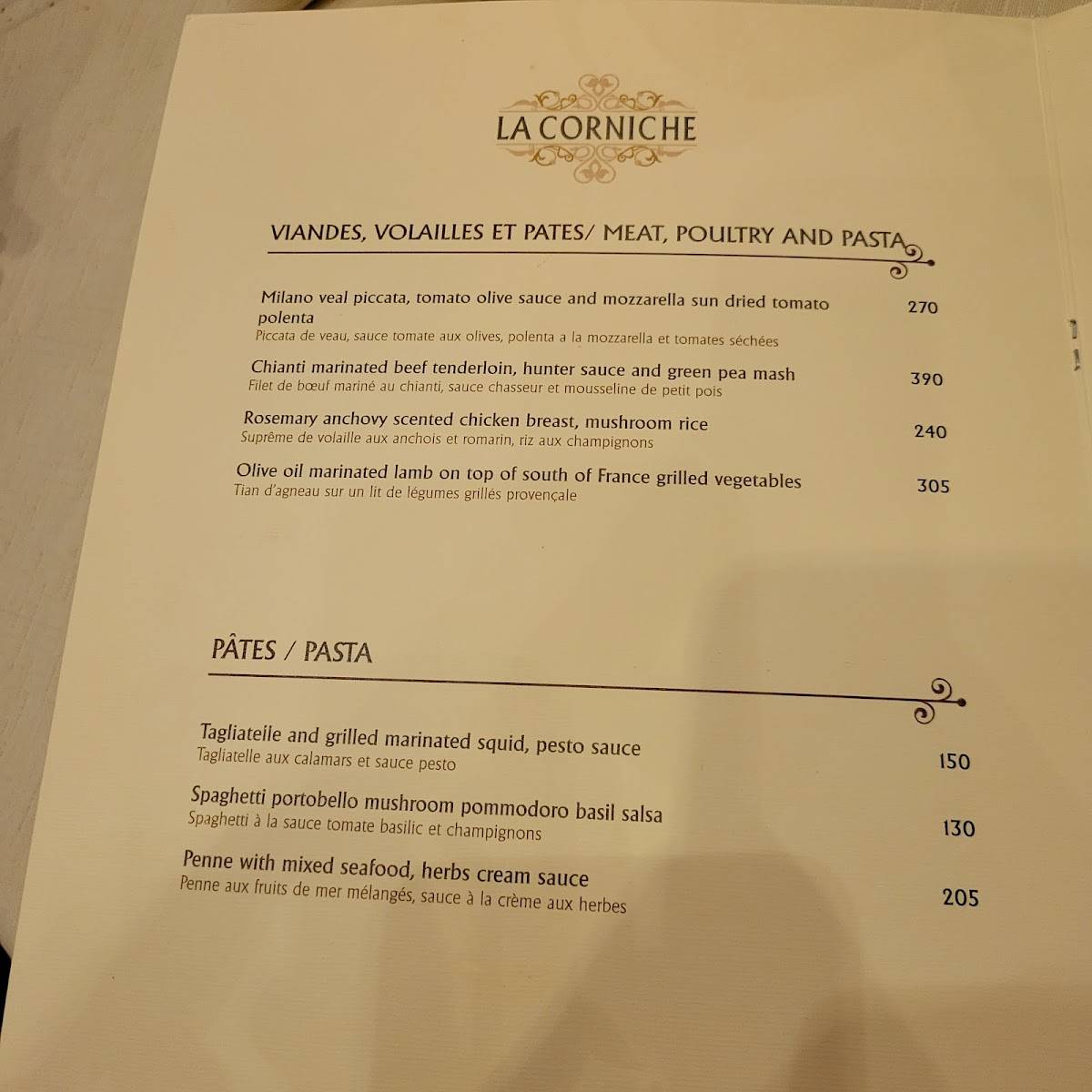 Speisekarte von LA CORNICHE RESTAURANT, Luxor, 17 Corniche el Nile street