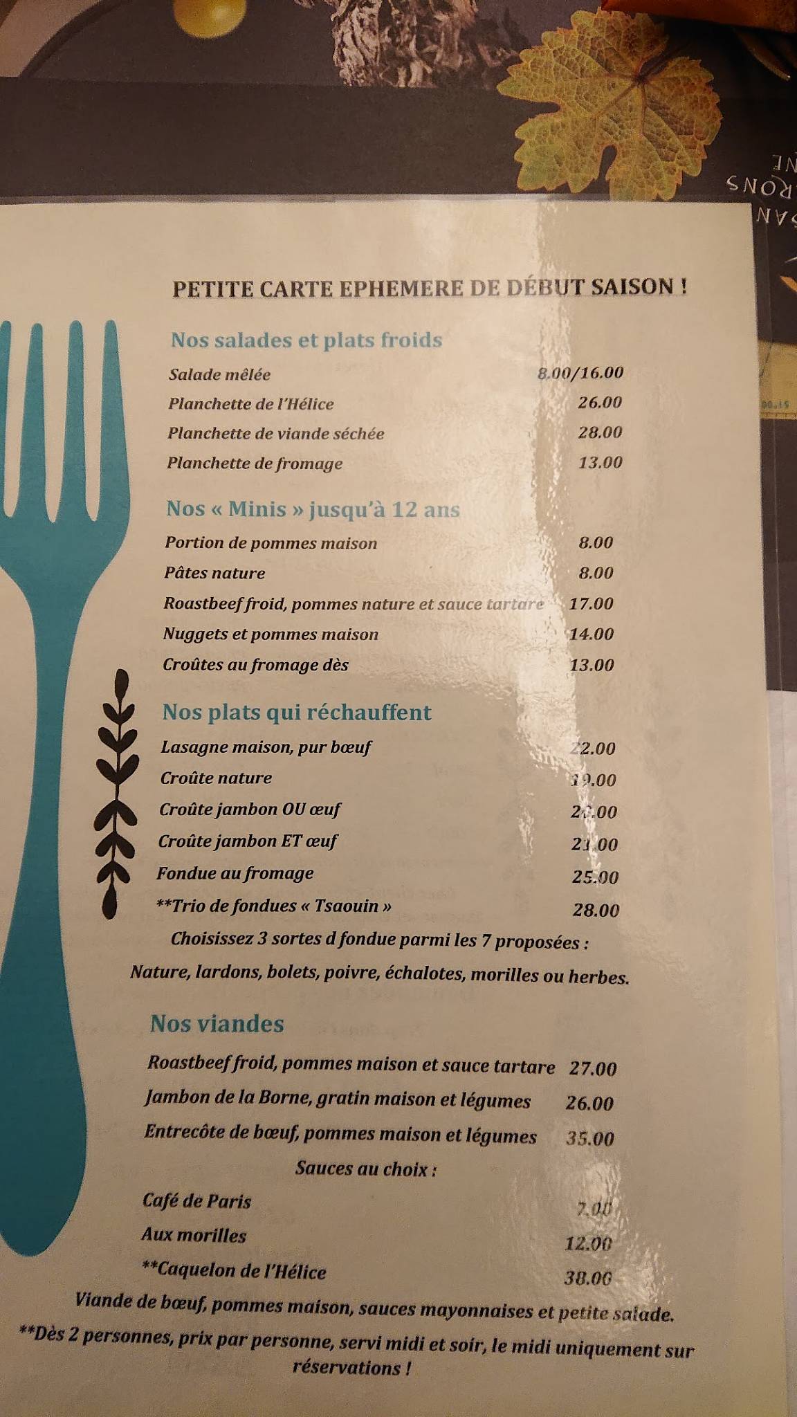 Menu au Restaurant l'Hélice, Bex, Rte des Placettes 24