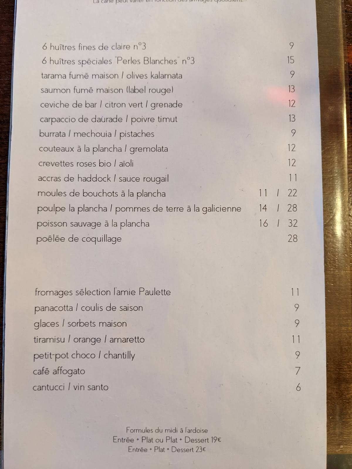 Menu au La Bonne Mer restaurant, Paris