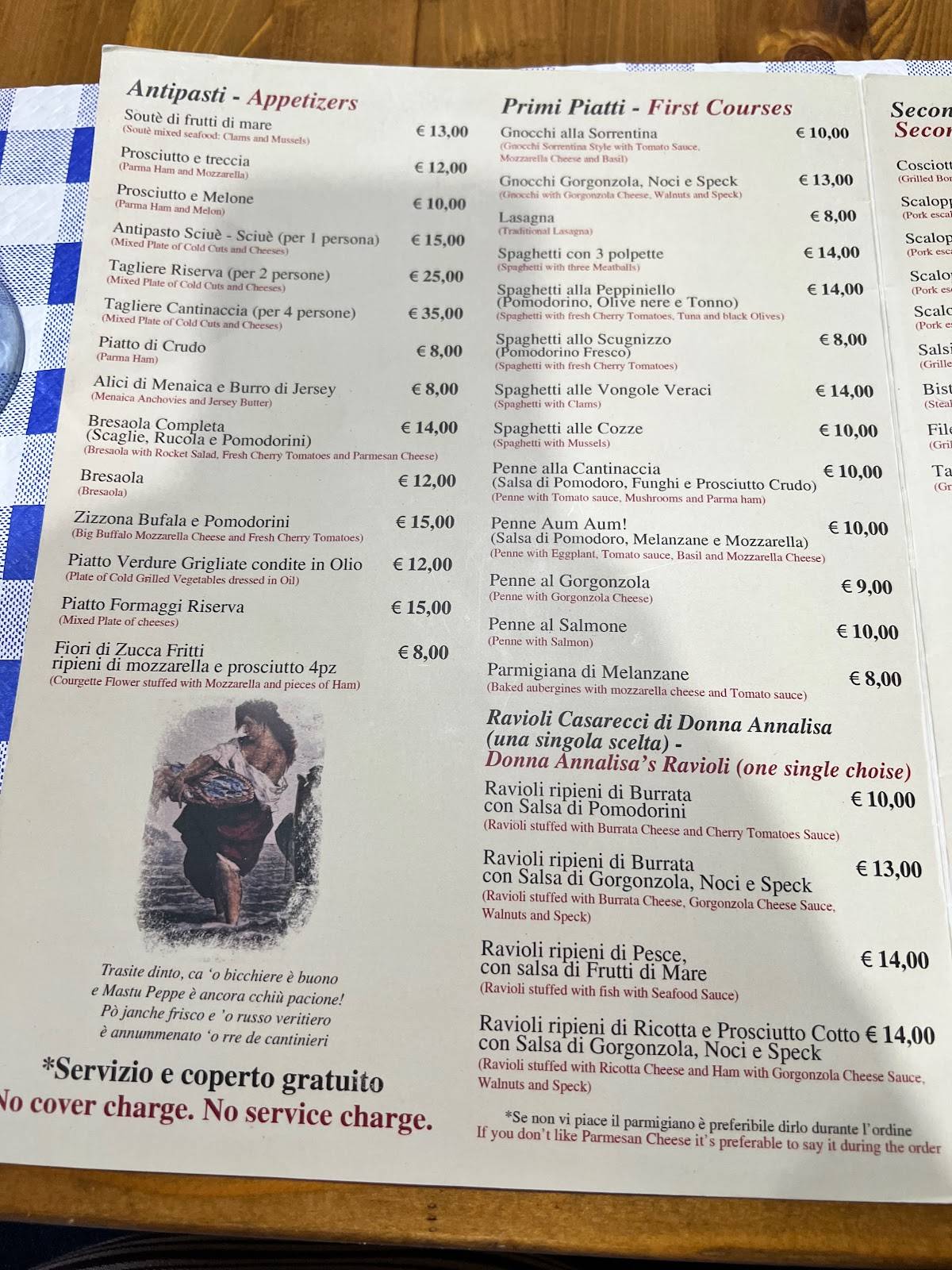 Menu at La Cantinaccia del Popolo restaurant, Sorrento