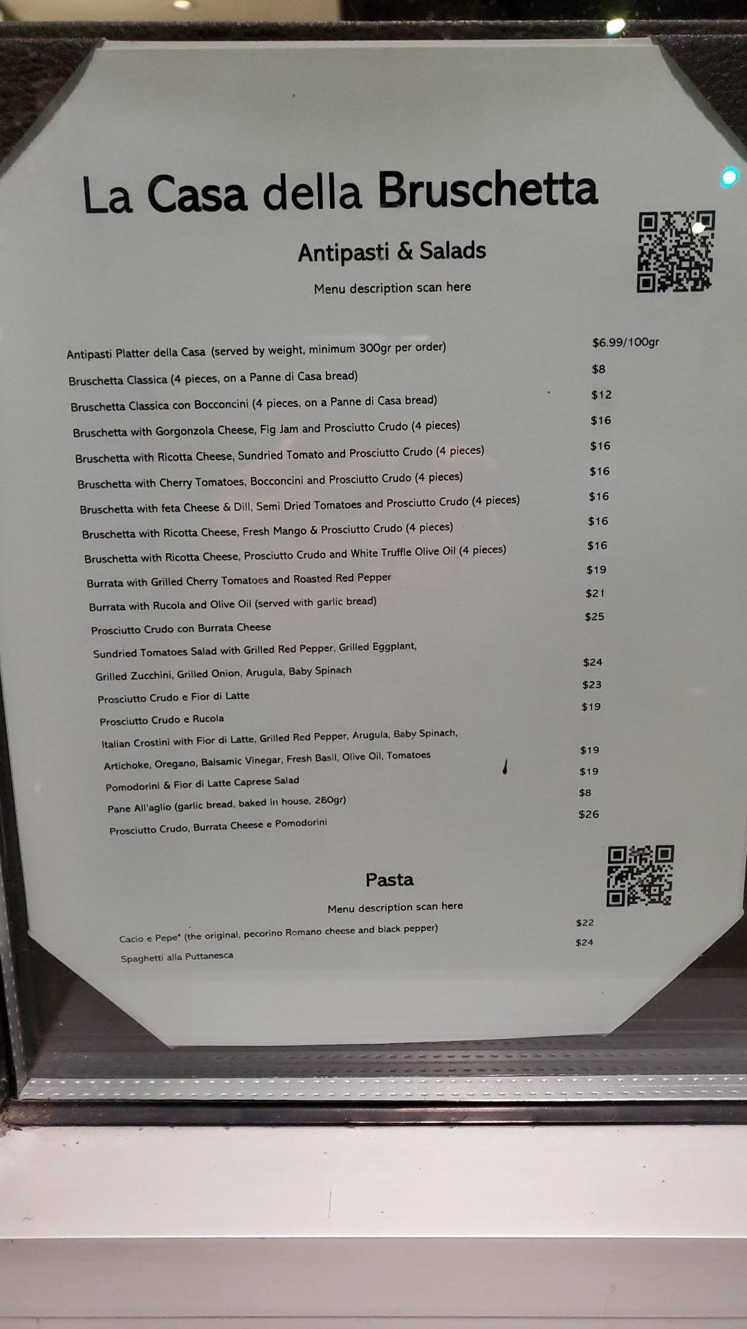 Menu au My Cucina La Casa della Bruschetta restaurant, North Vancouver