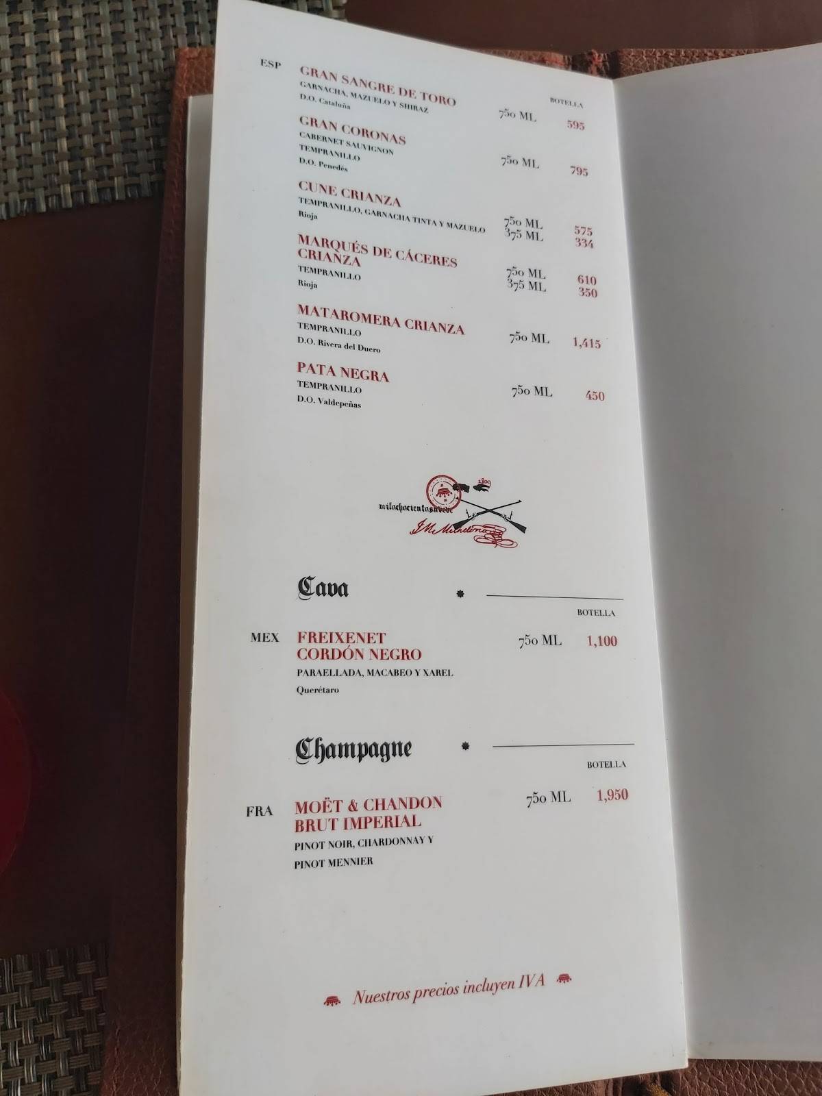 Carta del restaurante La Conspiración del 1809, Morelia