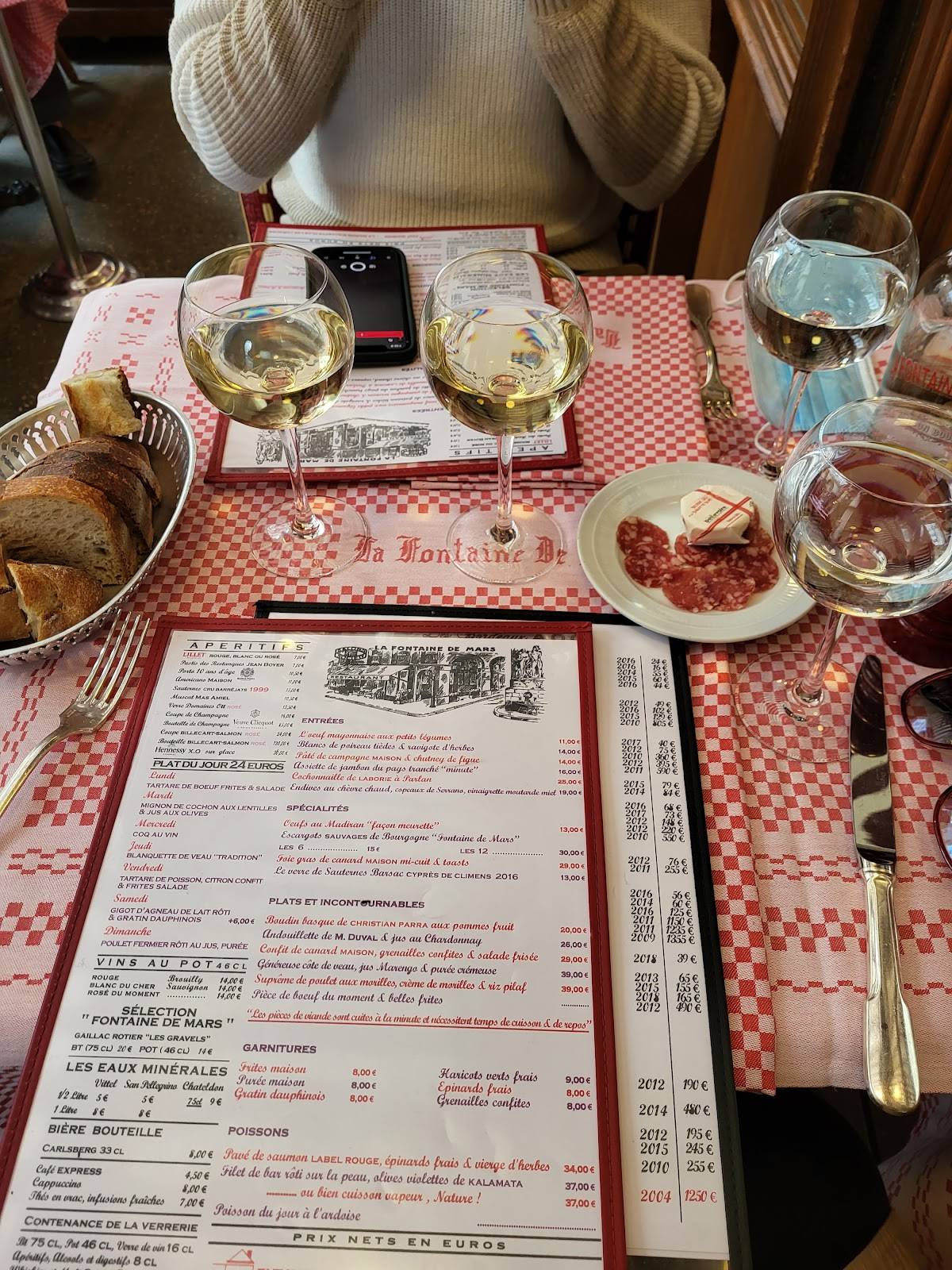 Menu at La Fontaine de Mars restaurant, Paris
