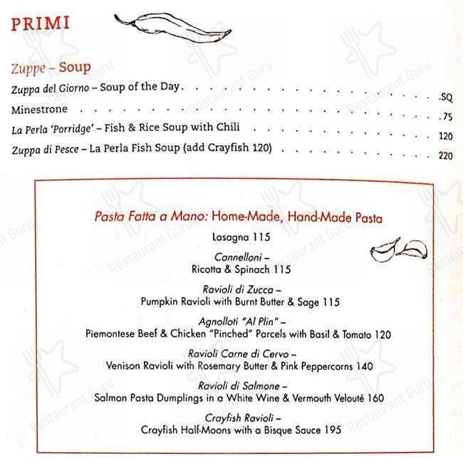Menu at La Perla Restaurant Cape Town, Cape Town