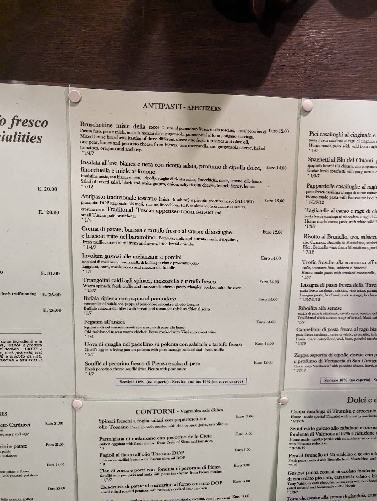 Menu at La Taverna di San Giuseppe restaurant, Siena
