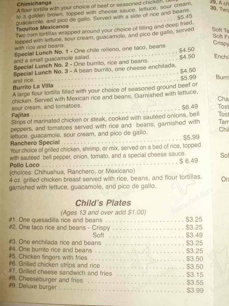 Menu at La Villa Mexican Restaurant, Mena