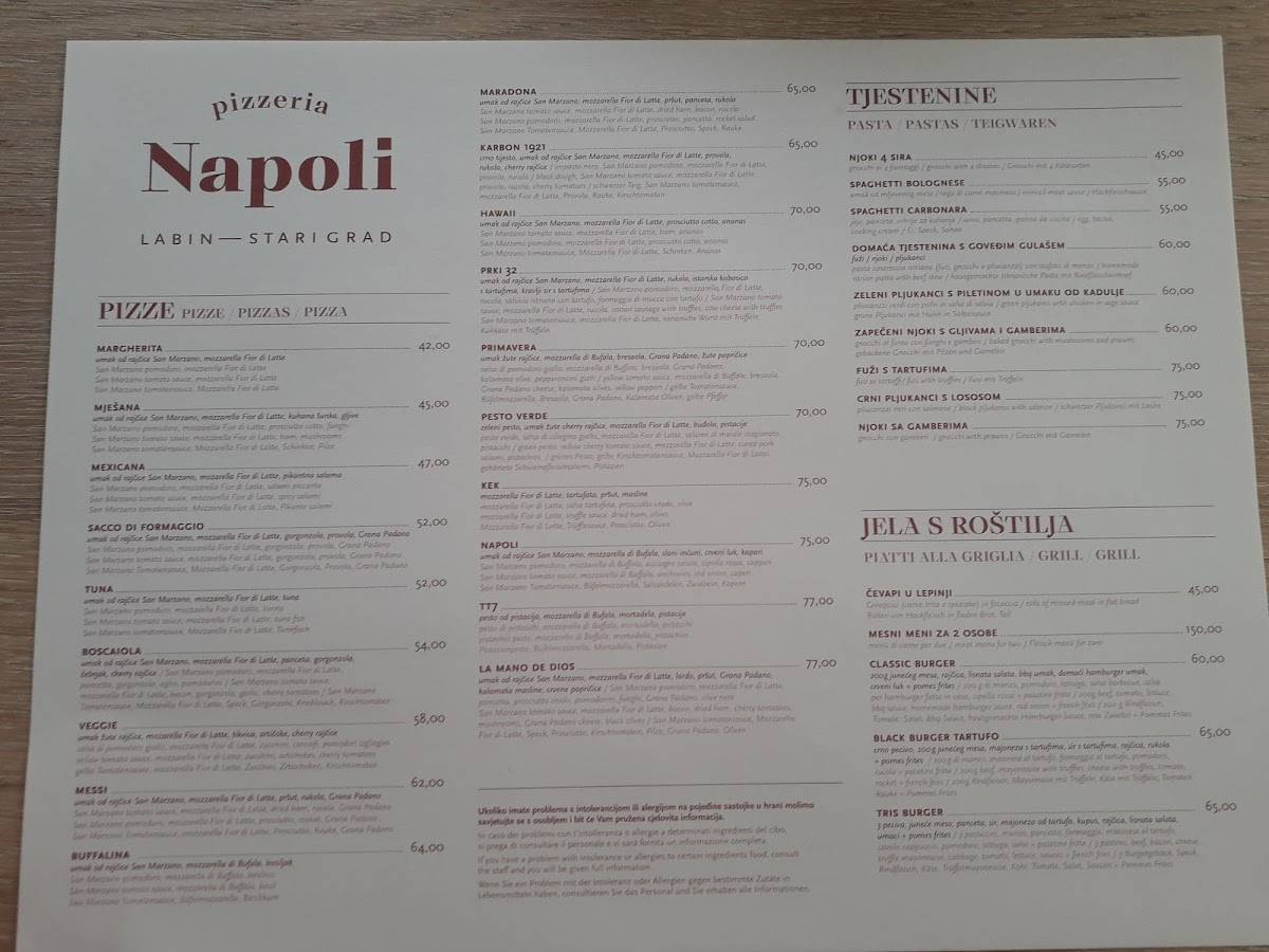 Menu at Napoli restaurant, Labin