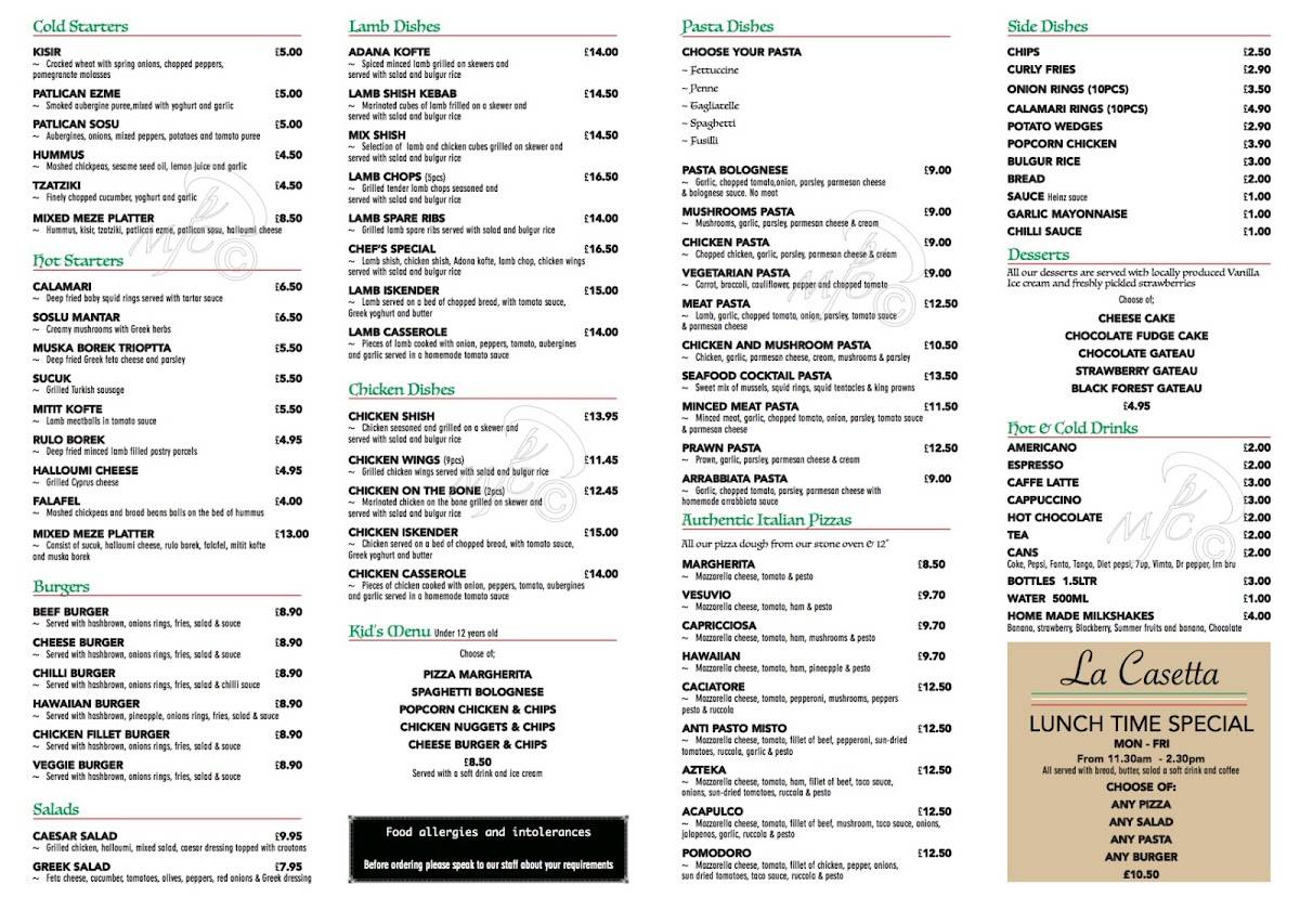 Menu at La Casetta restaurant, Lancaster
