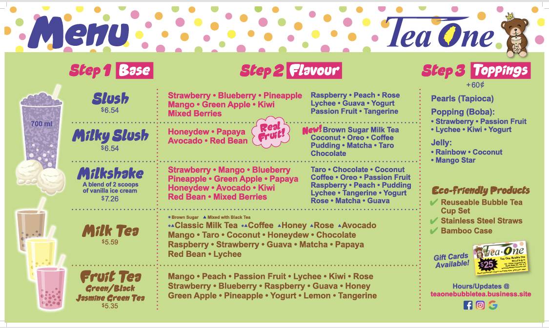 Menu at Tea One, Maple Ridge