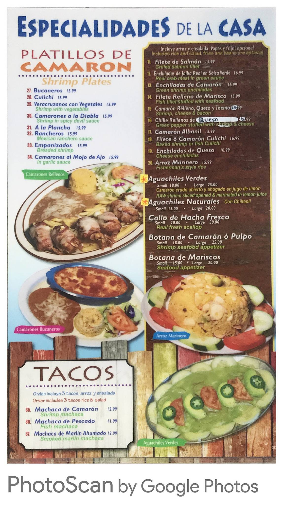 Menu at Las Glorias Mexican Seafood restaurant, Phoenix