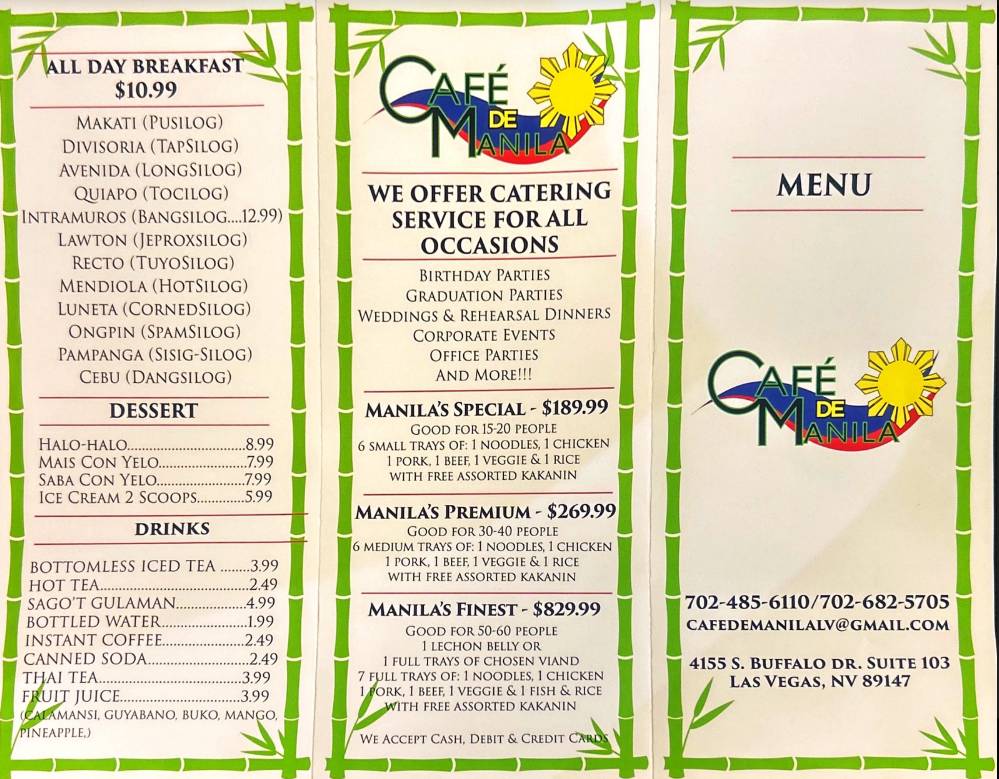 Menu at Cafe de Manila, Las Vegas