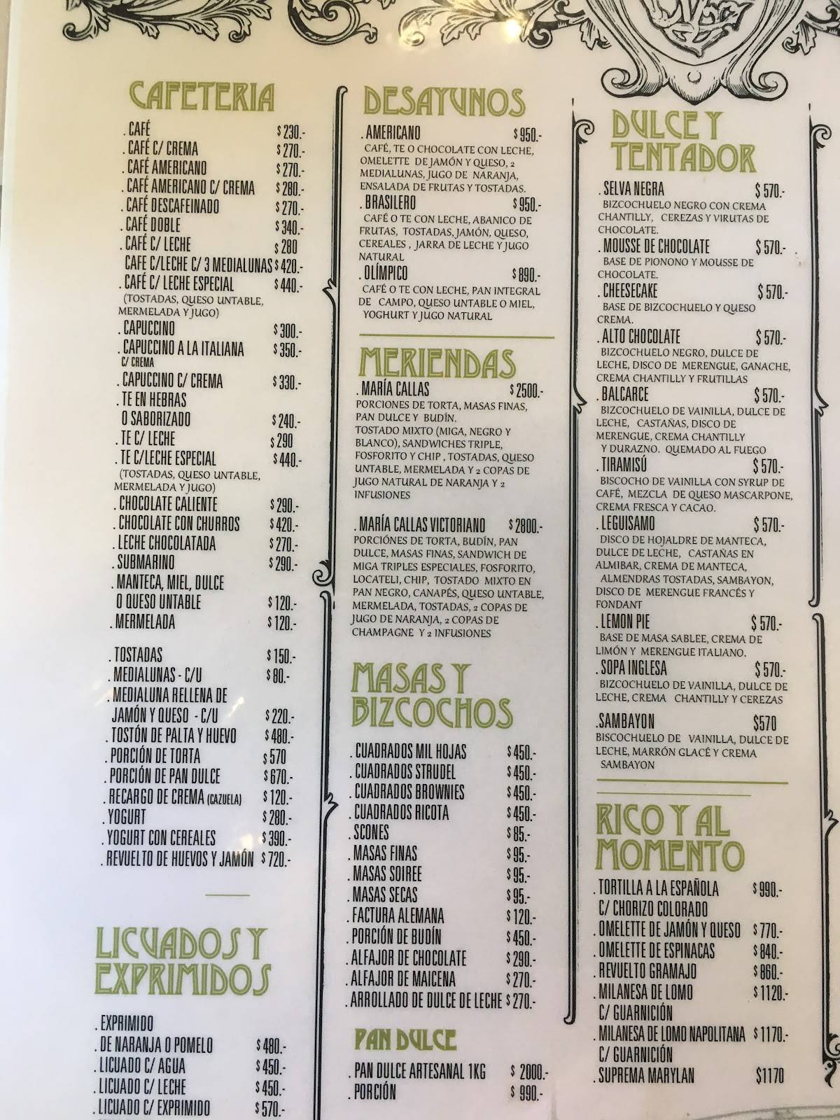 Carta de cafetería Las Violetas, Buenos Aires, Av. Rivadavia 3899