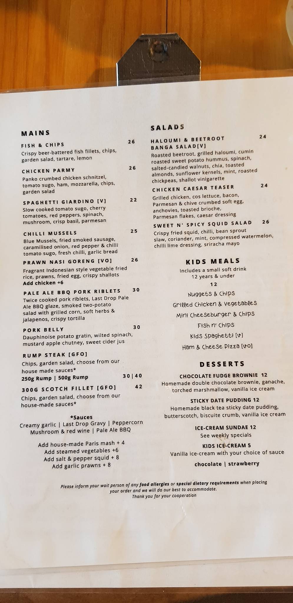 Menu at Last Drop Beeliar pub & bar, Cockburn Central