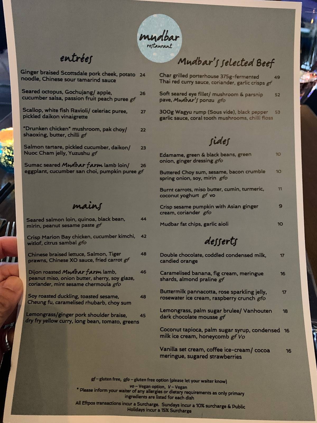 Menu at Mudbar Restaurant, Launceston