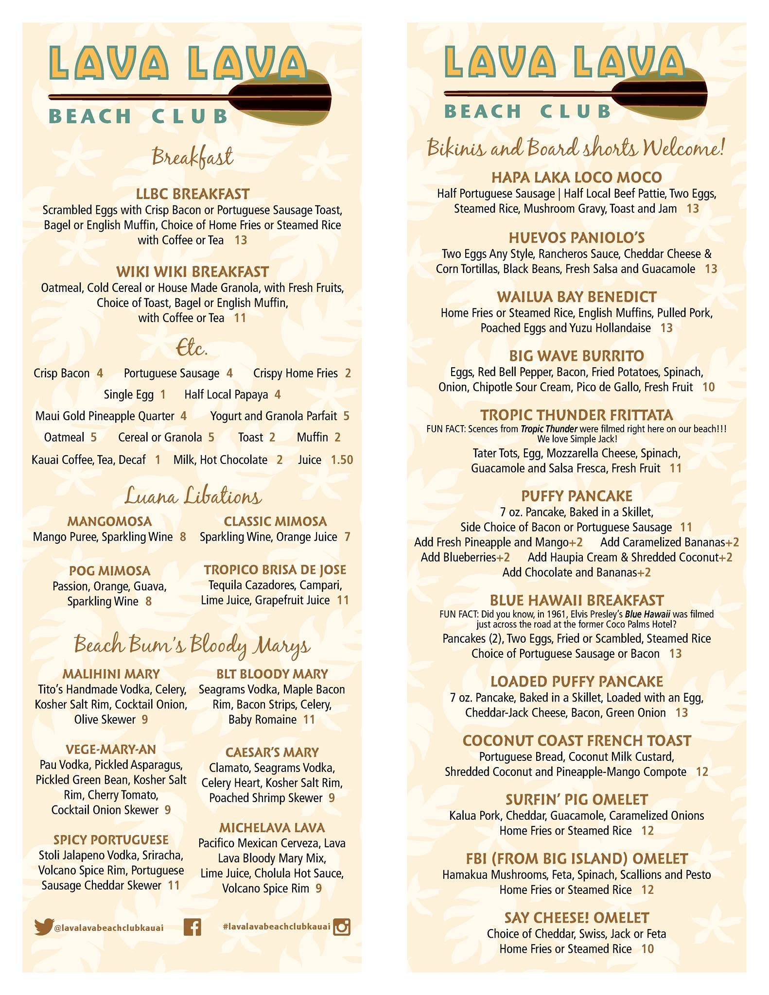 Menu at Lava Lava Beach Club, Kapaa
