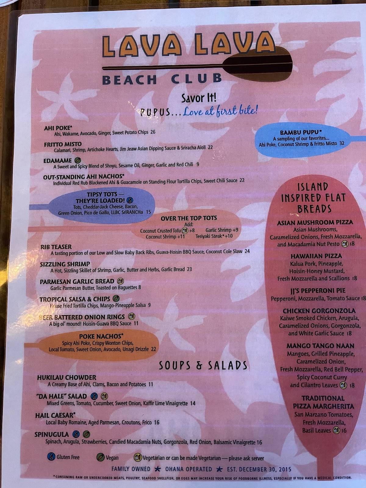 Menu at Lava Lava Beach Club, Kapaa