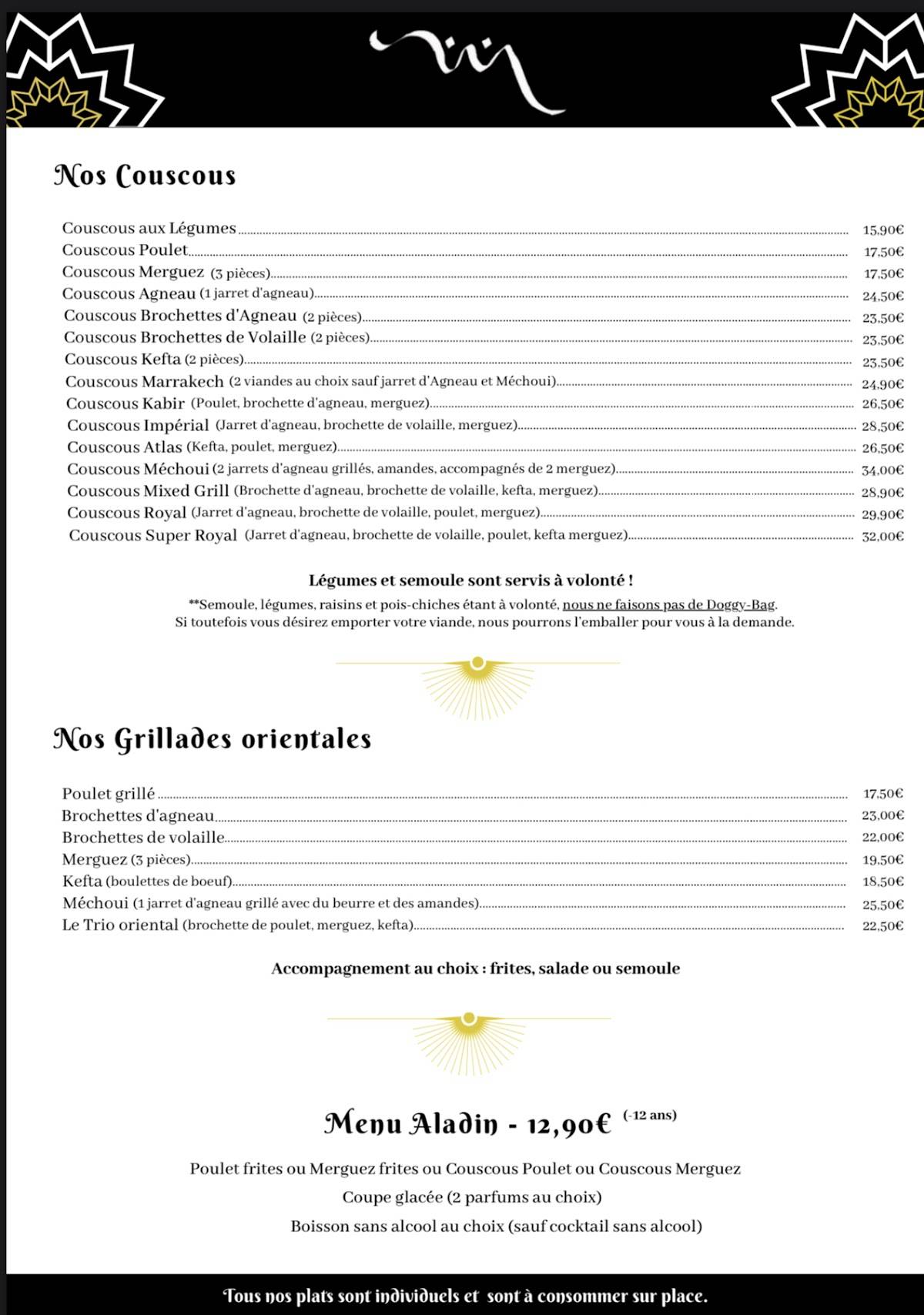 Menu au Le Marrakech restaurant, Lorient