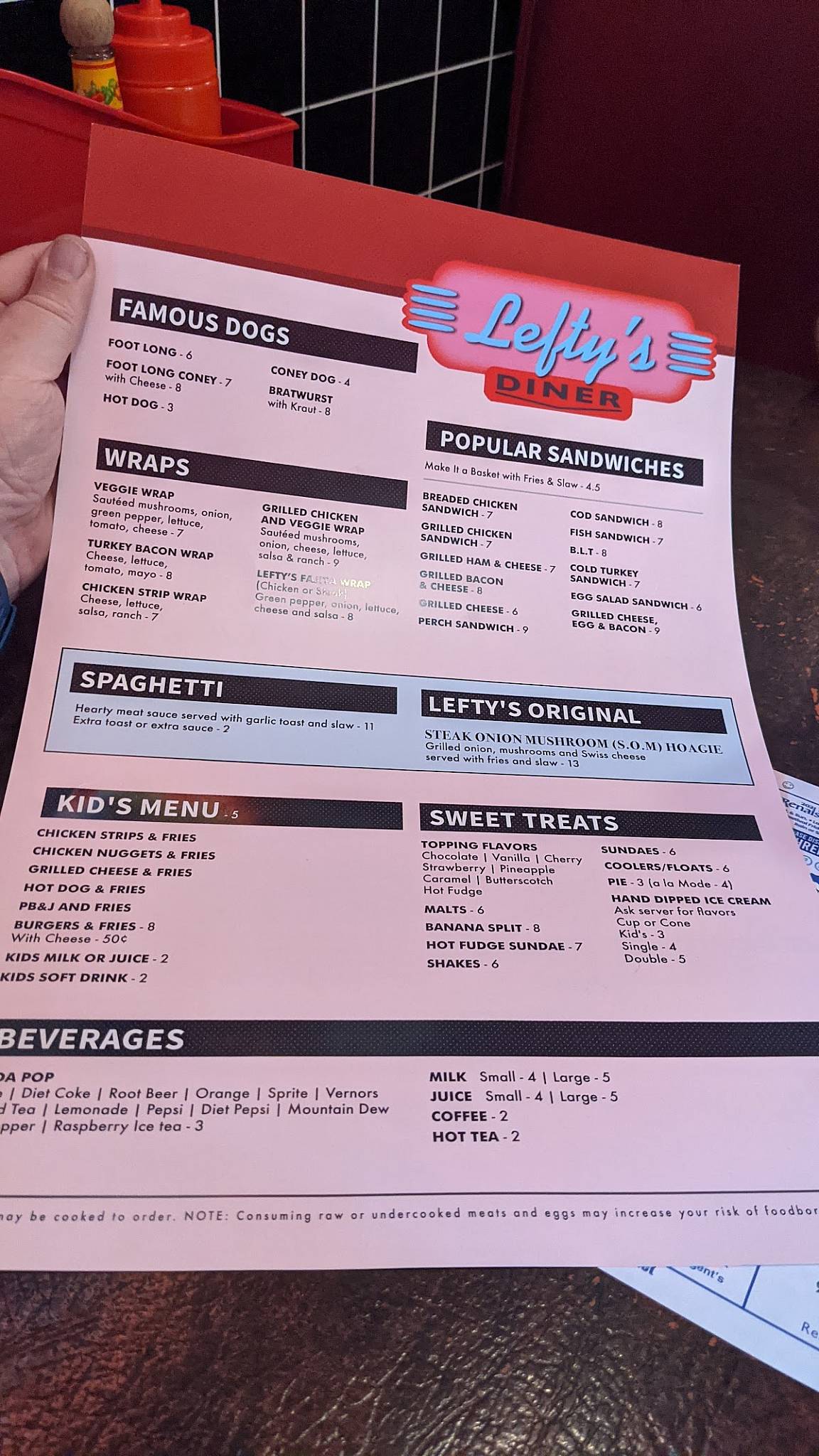 Menu at Lefty's Diner restaurant, Caseville, Main St