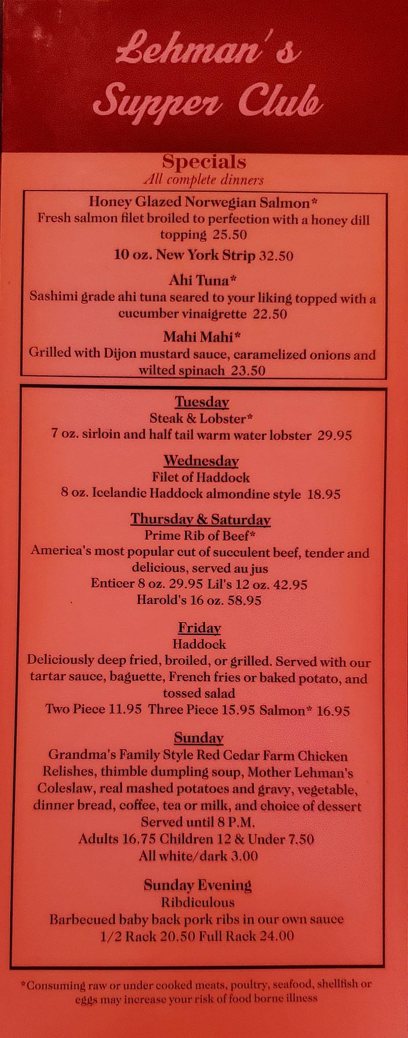 Menu at Lehman's Supper Club, Rice Lake