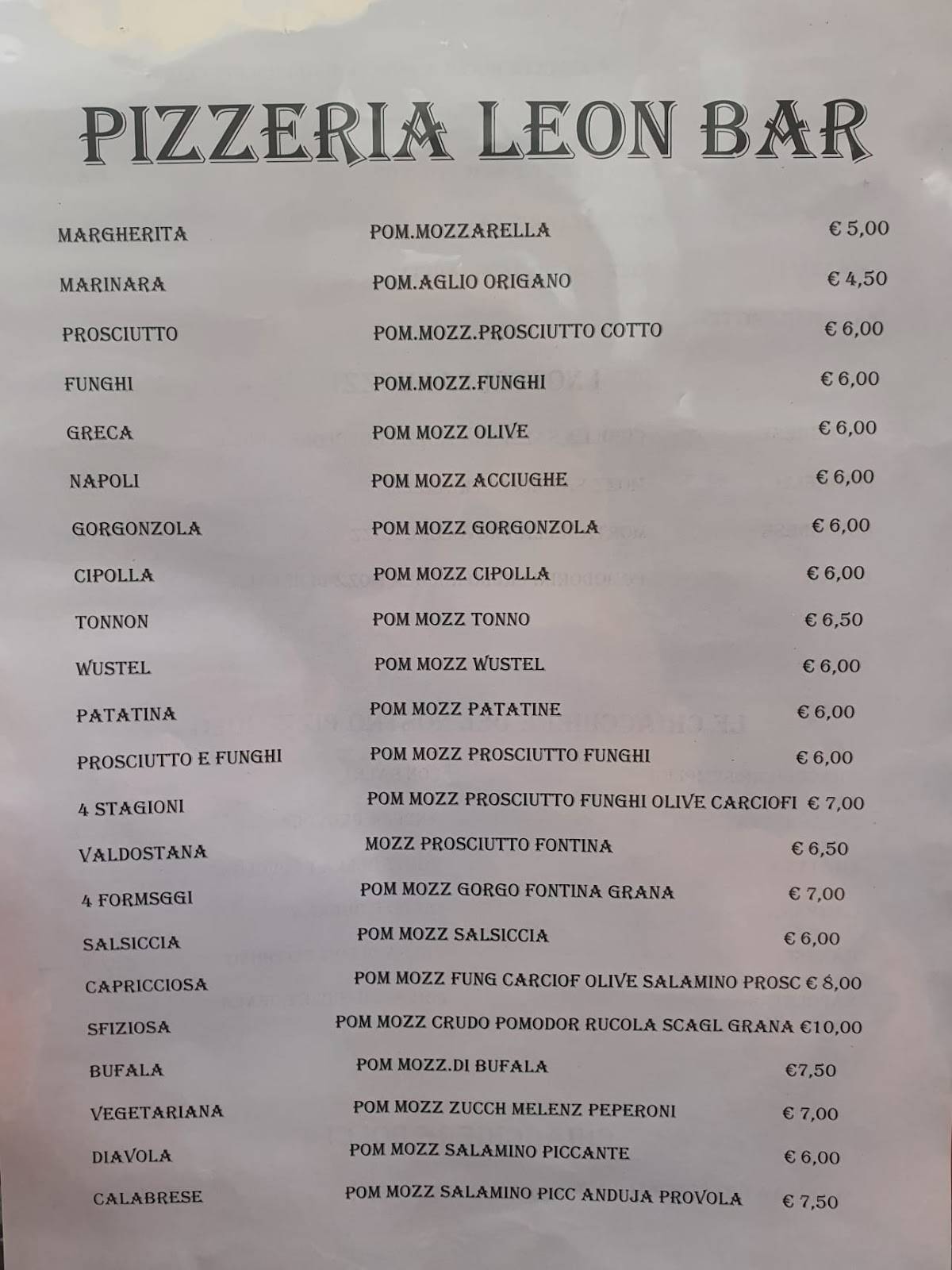 Menu da Leon bar Pizzeria, Castellamonte