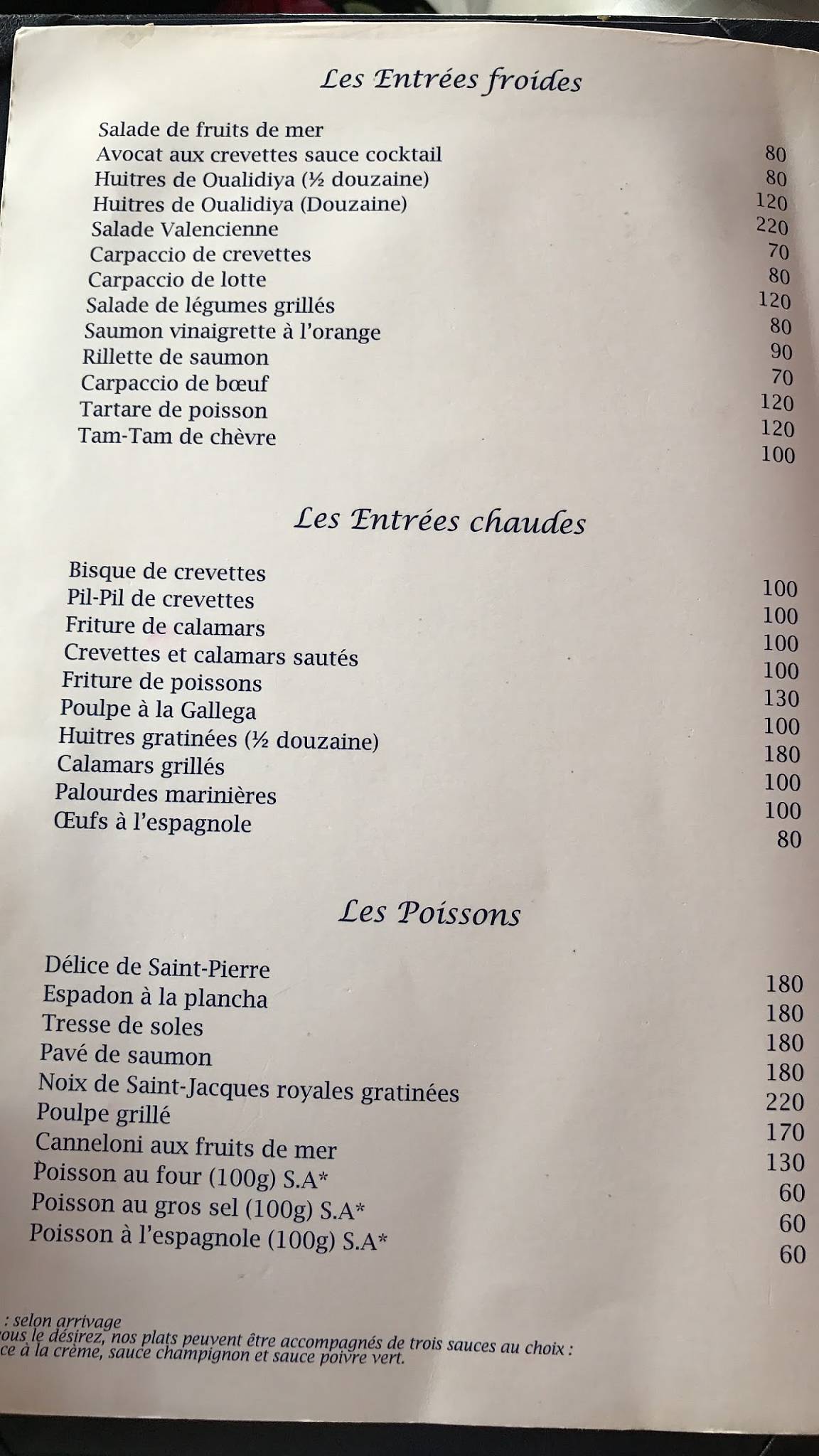 Menu au Les Trois Palmiers restaurant, Temara