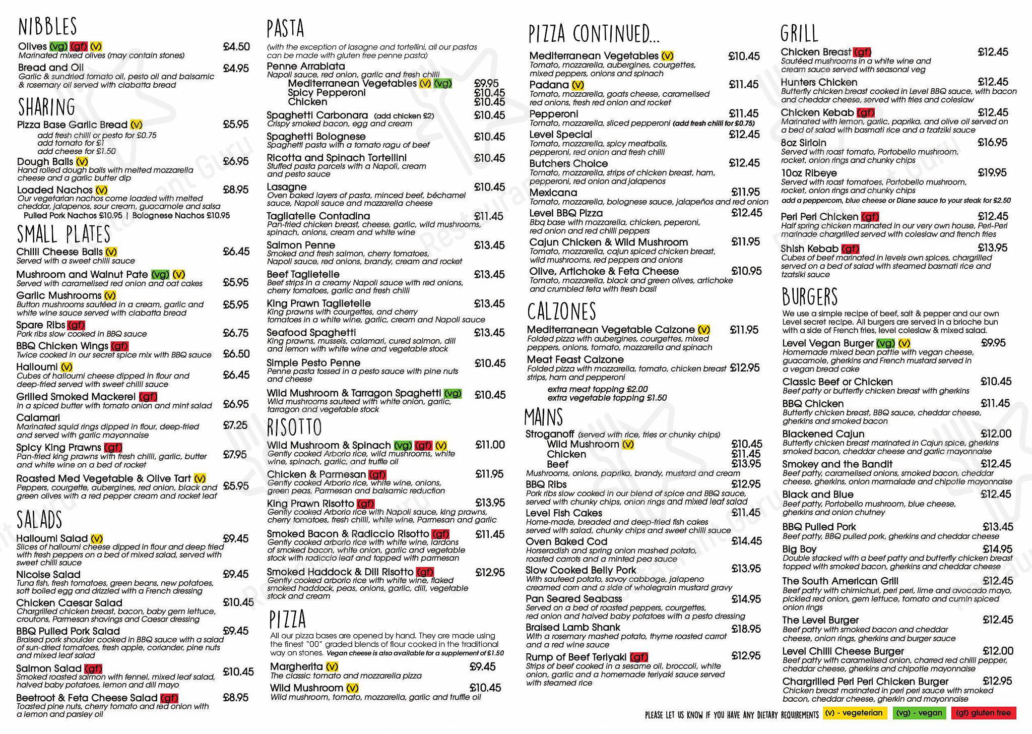 Menu at Level Cafe Bar & Grill, Hull