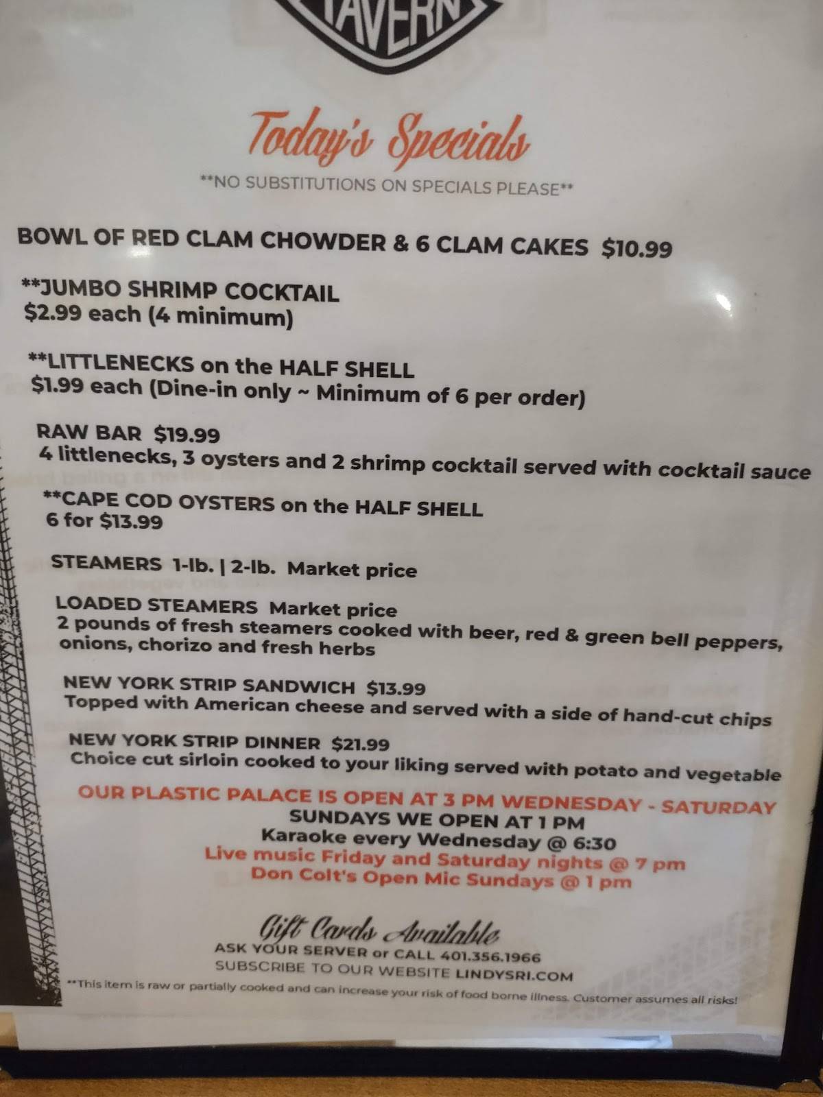 Menu at Lindy's Tavern pub & bar, North Smithfield