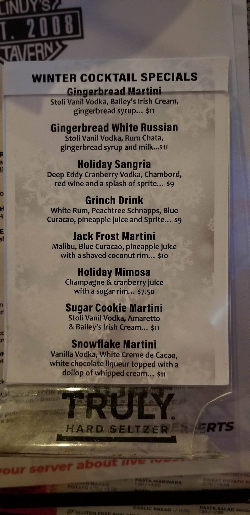 Menu at Lindy's Tavern pub & bar, North Smithfield
