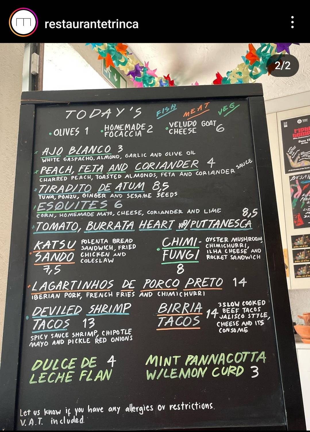 Menu at Trinca restaurant, Lisbon