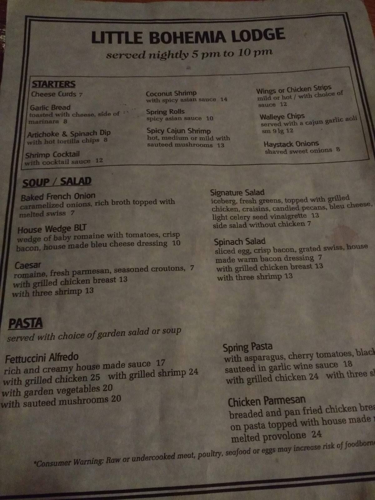 Menu at Little Bohemia Lodge restaurant, Manitowish Waters, 142 US-51