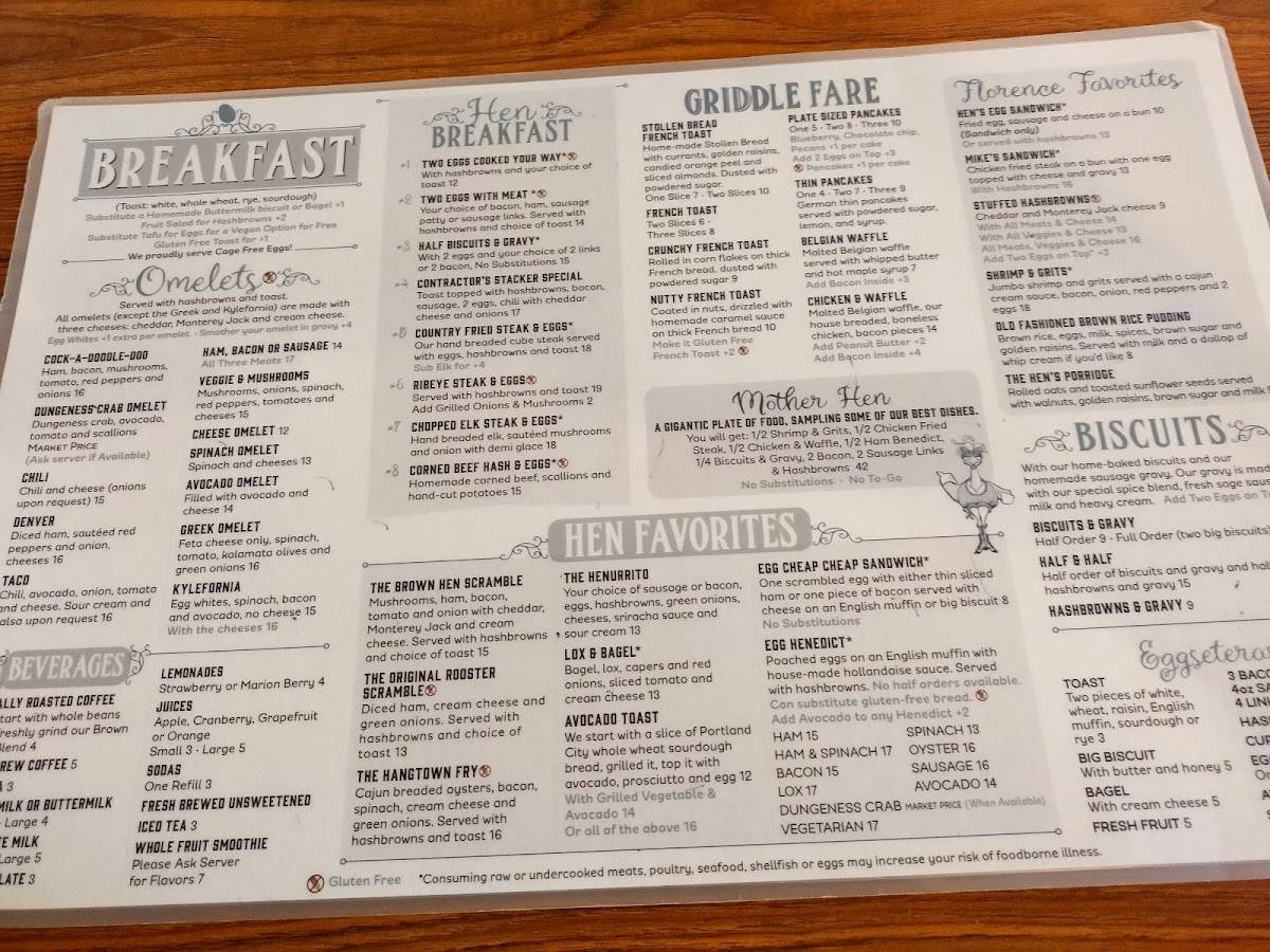Menu at Little Brown Hen Cafe, Florence